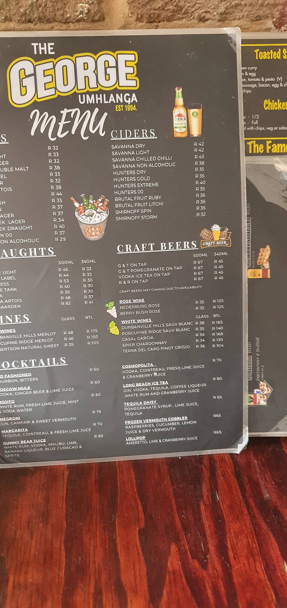 Menu at The George pub & bar, Umhlanga