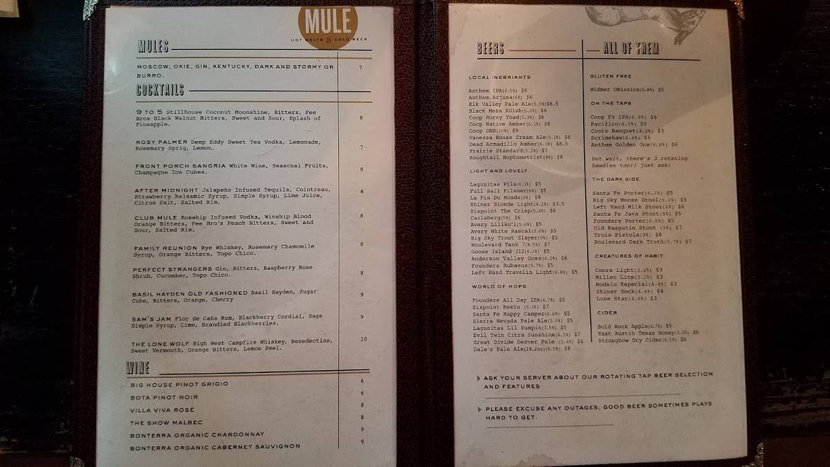 Menu at The Mule pub & bar, Oklahoma City, NW 16th St