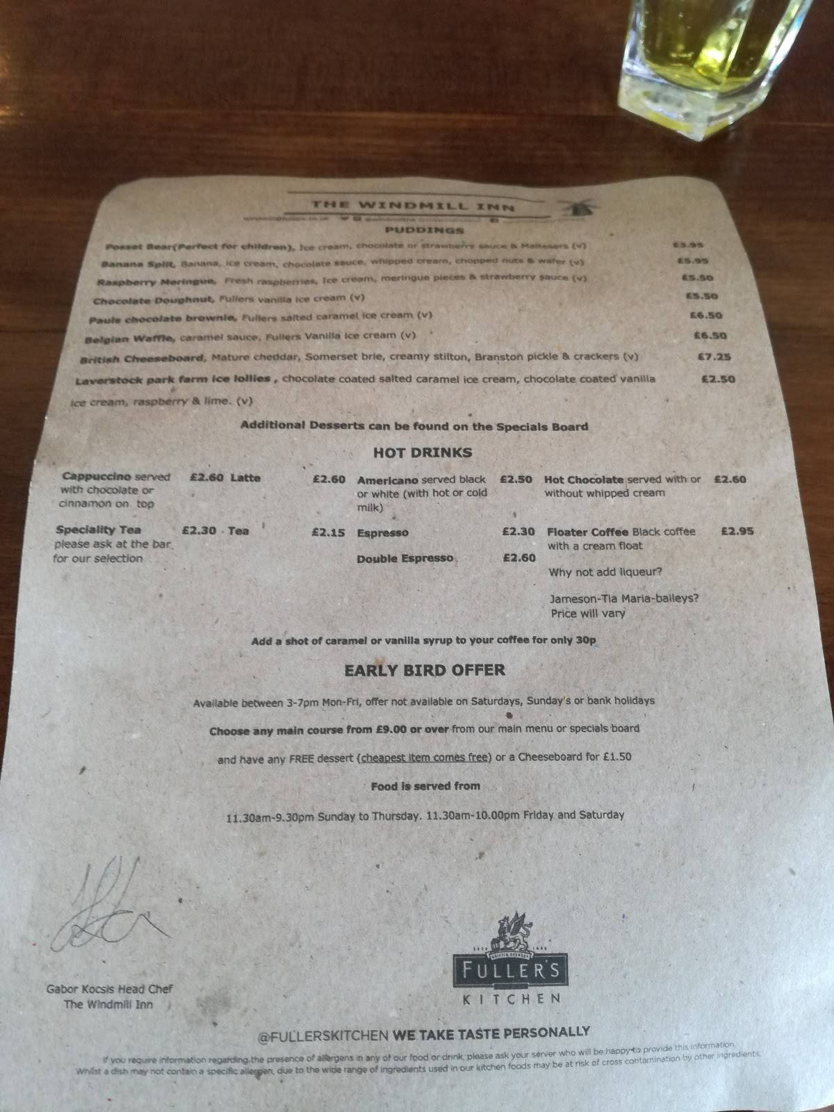Menu at The Windmill Inn, Portishead pub & bar, Portishead