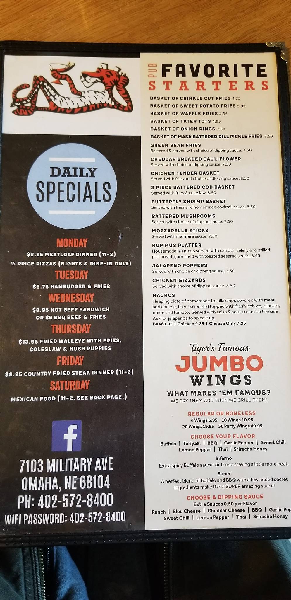Menu at Tiger Tom's Pub, Omaha