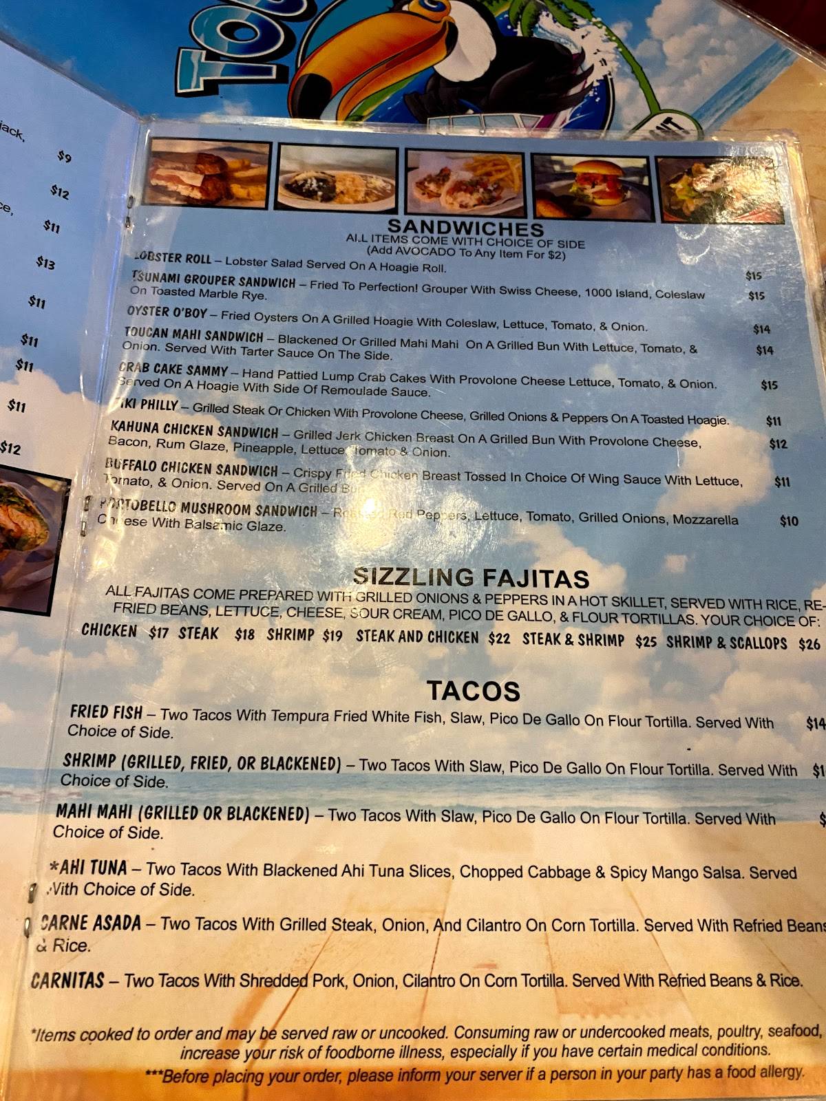 Menu at Toucan's Lakefront pub & bar, Mooresville