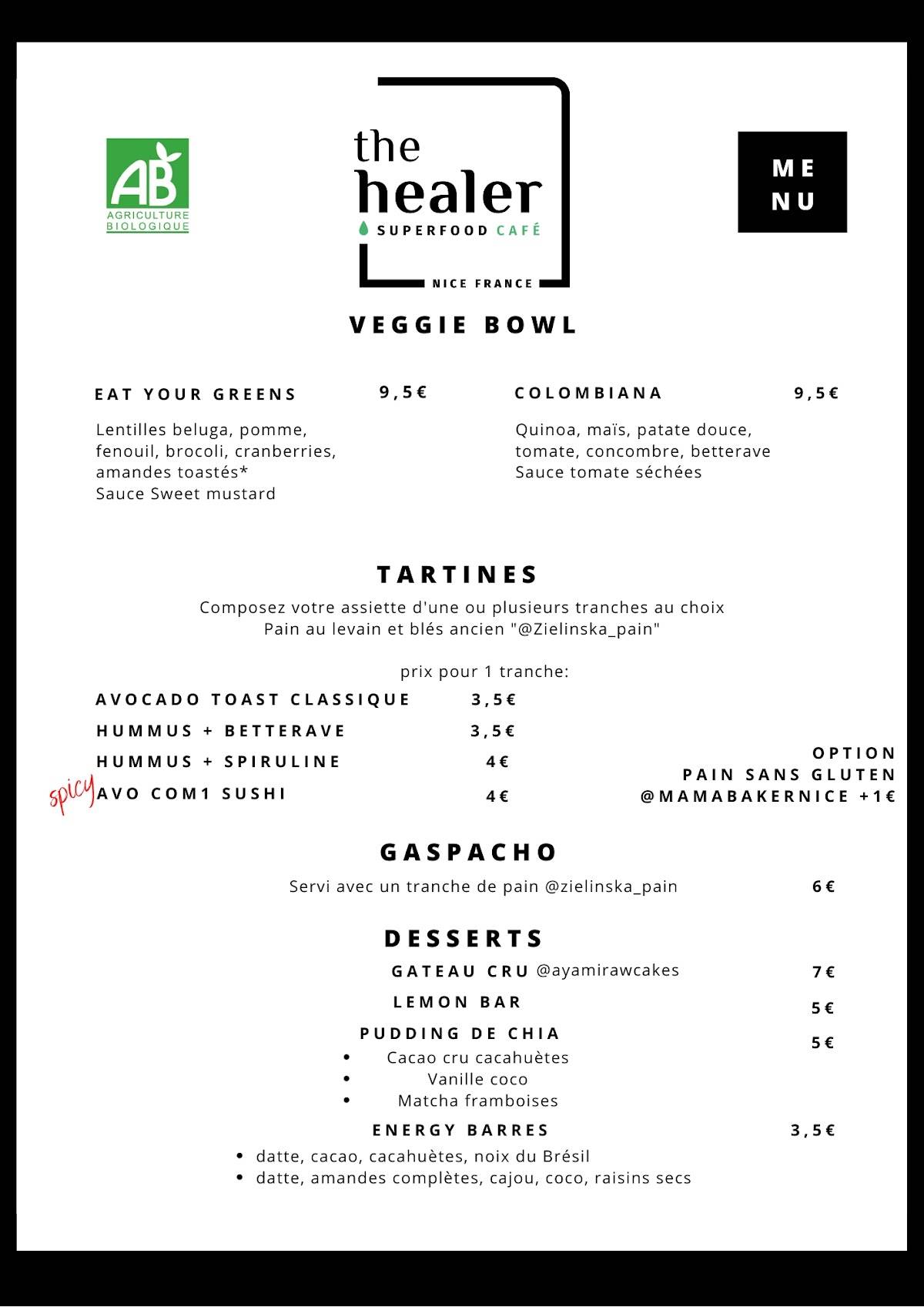 Menu at the healer Superfood Café, Nice