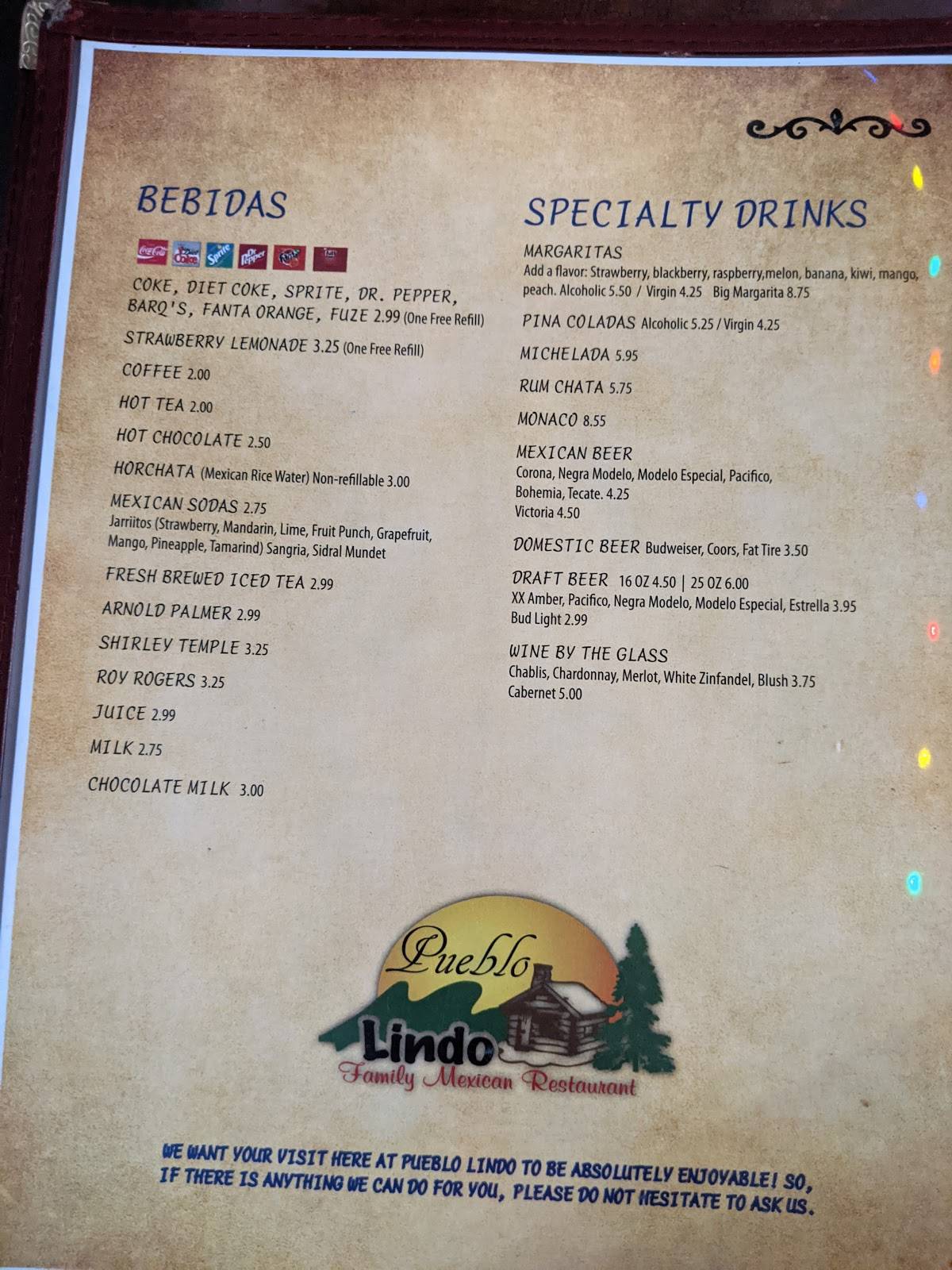 Menu at Pueblo Lindo restaurant, McCall