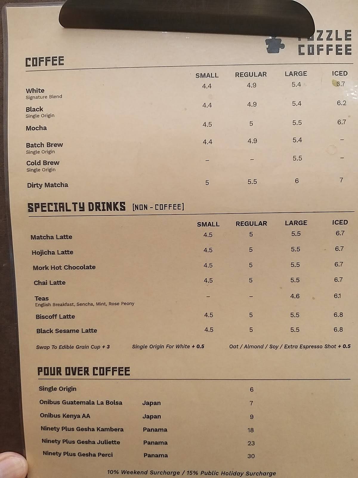 Menu at Puzzle Coffee cafe, Melbourne