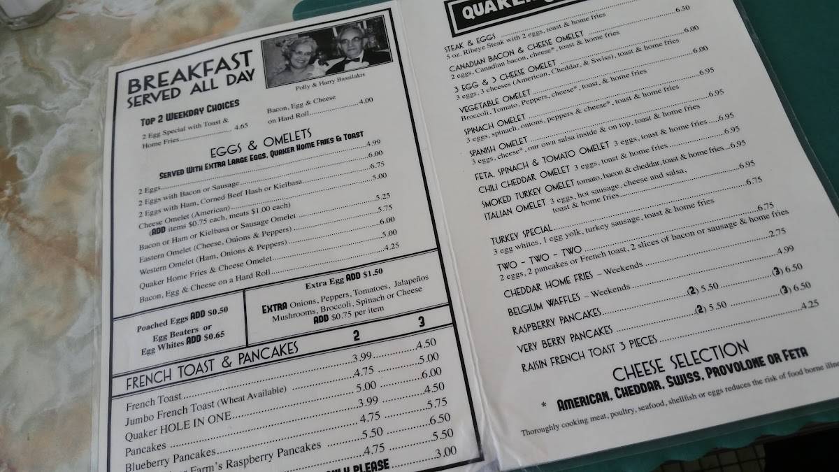 Menu at Quaker Diner restaurant, West Hartford