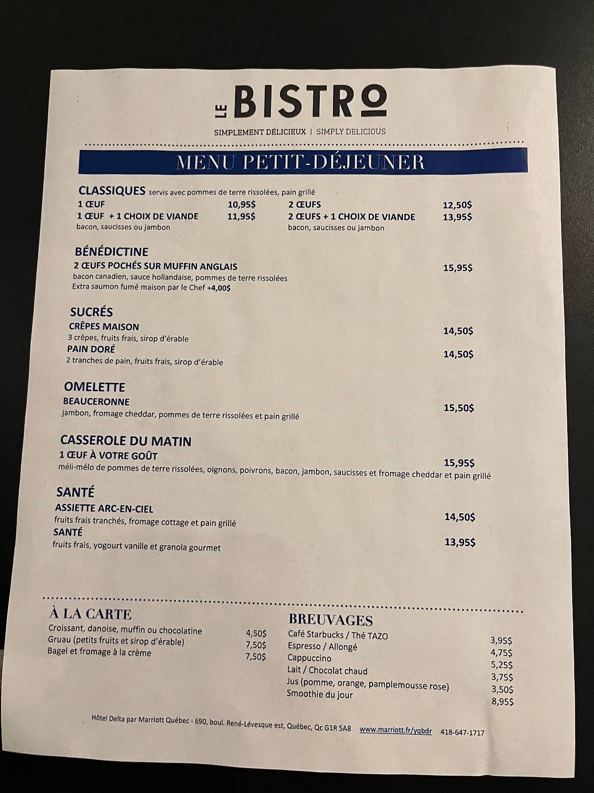 Menu at Le Bistro restaurant, Québec City, 690 Bd René-Lévesque E