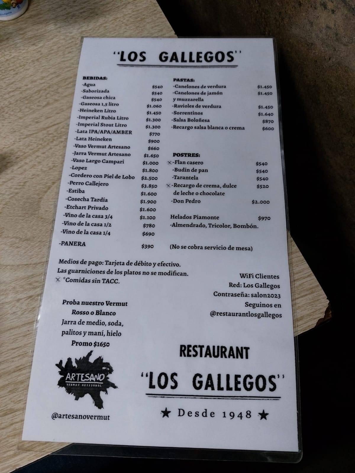 Carta del restaurante Los Gallegos, Quilmes, Pres. Juan Domingo Perón 358