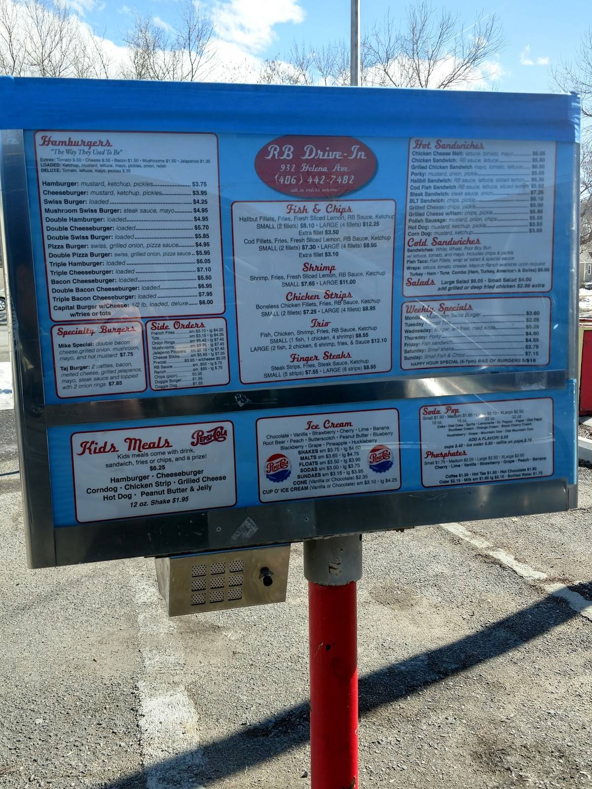 Menu at R-B Drive-In restaurant, Helena
