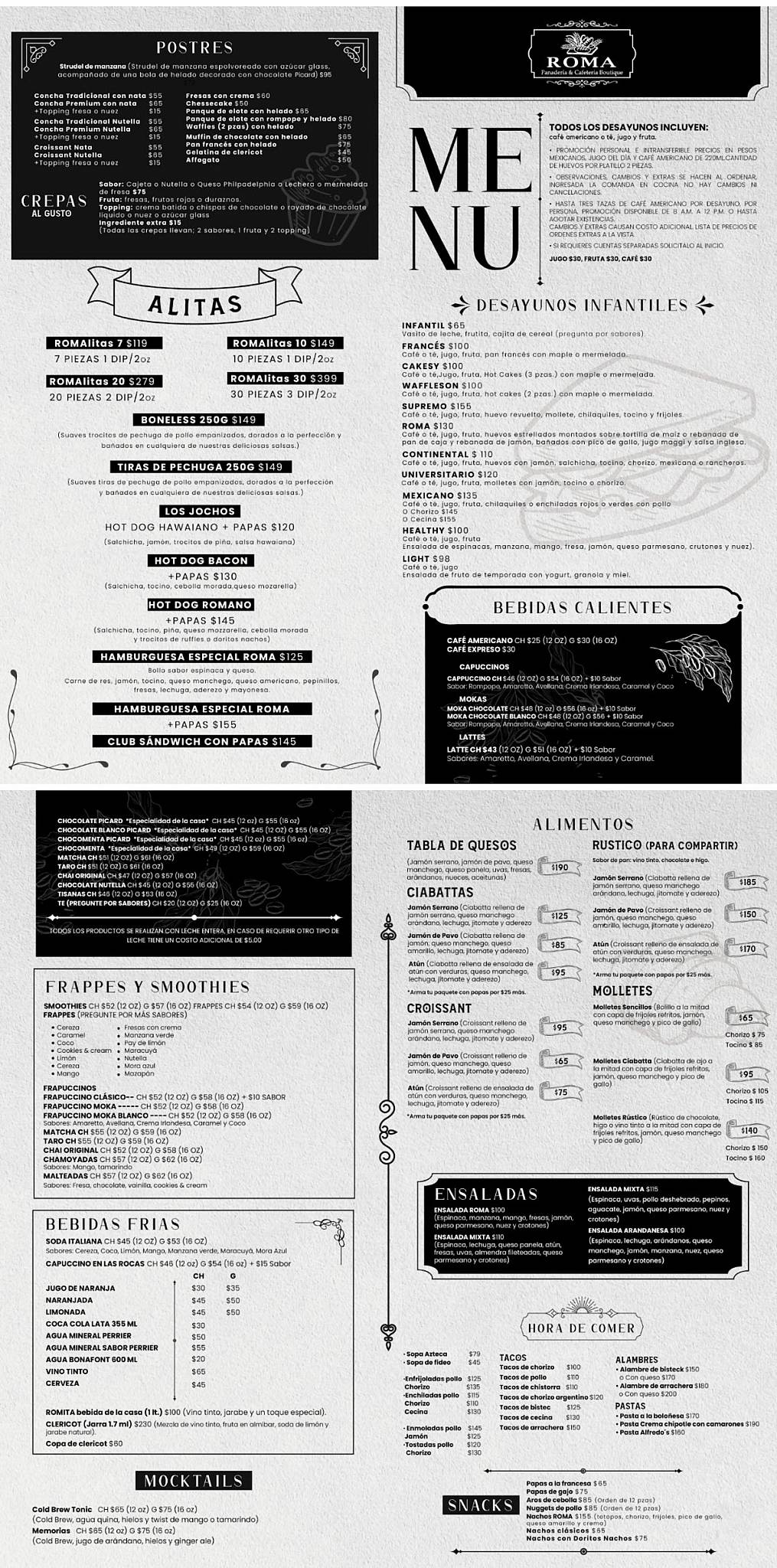 Carta de ROMA Cafetería Boutique, Toluca de Lerdo