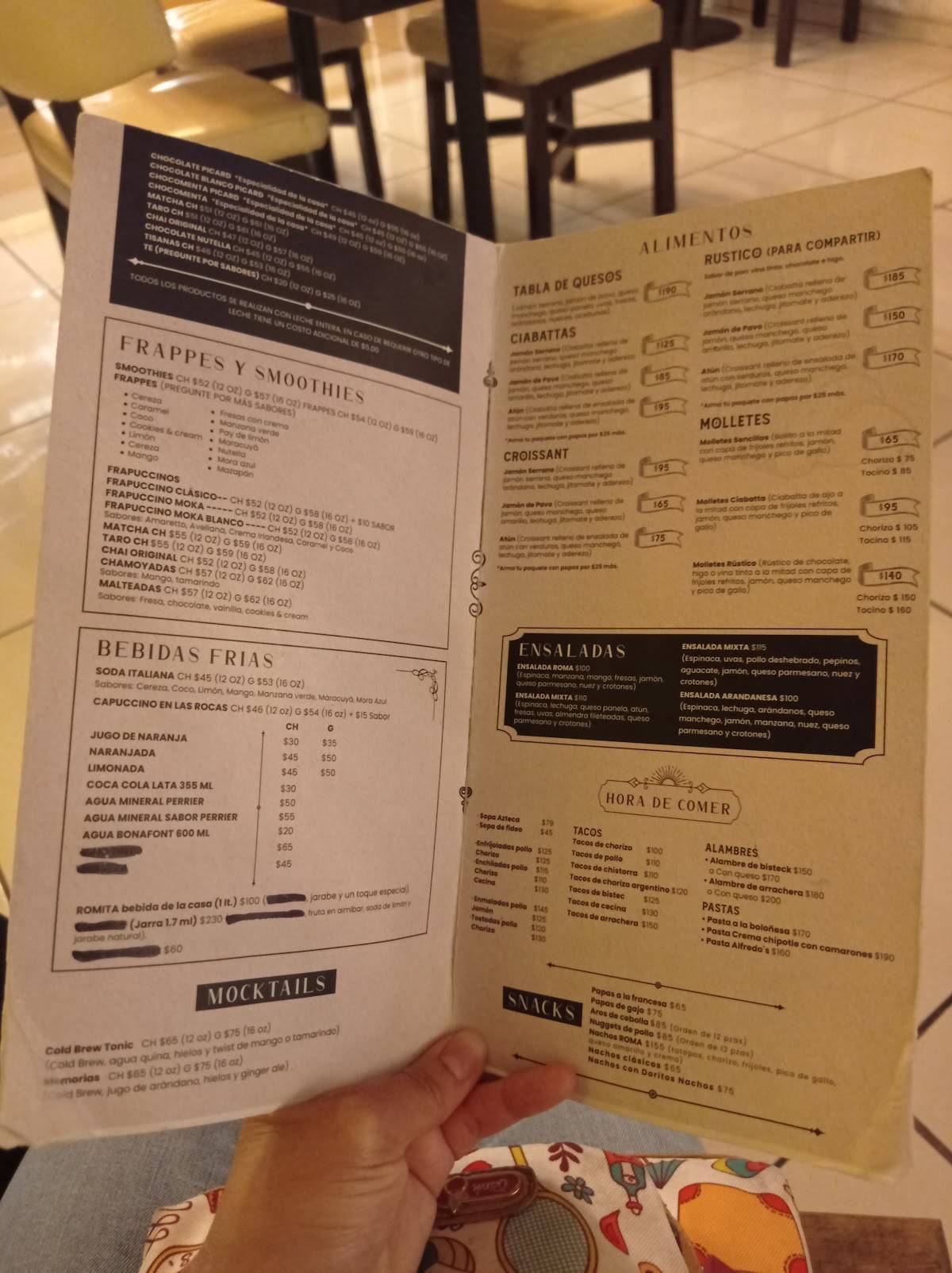 Carta de ROMA Cafetería Boutique, Toluca de Lerdo