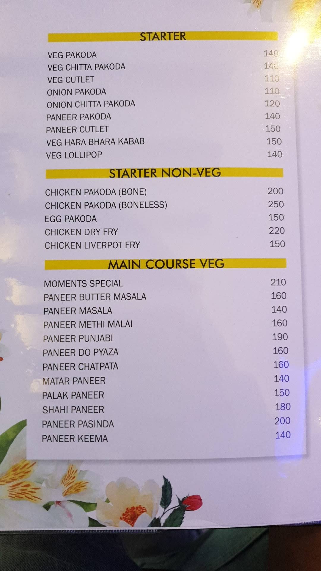 Menu at Moments Restaurant & Resort, Ranchi