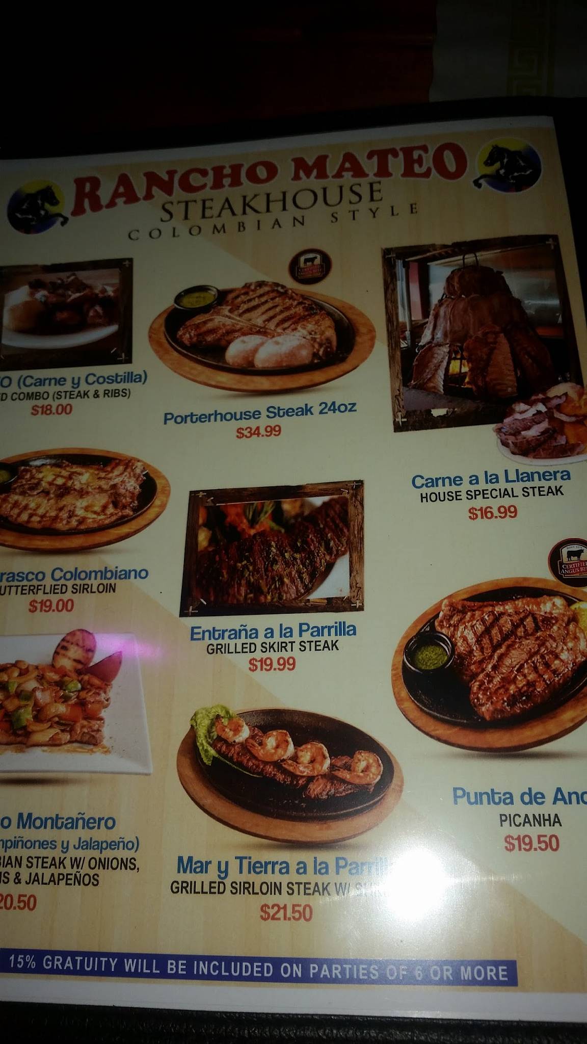Menu at Rancho Mateo steakhouse, North Bergen