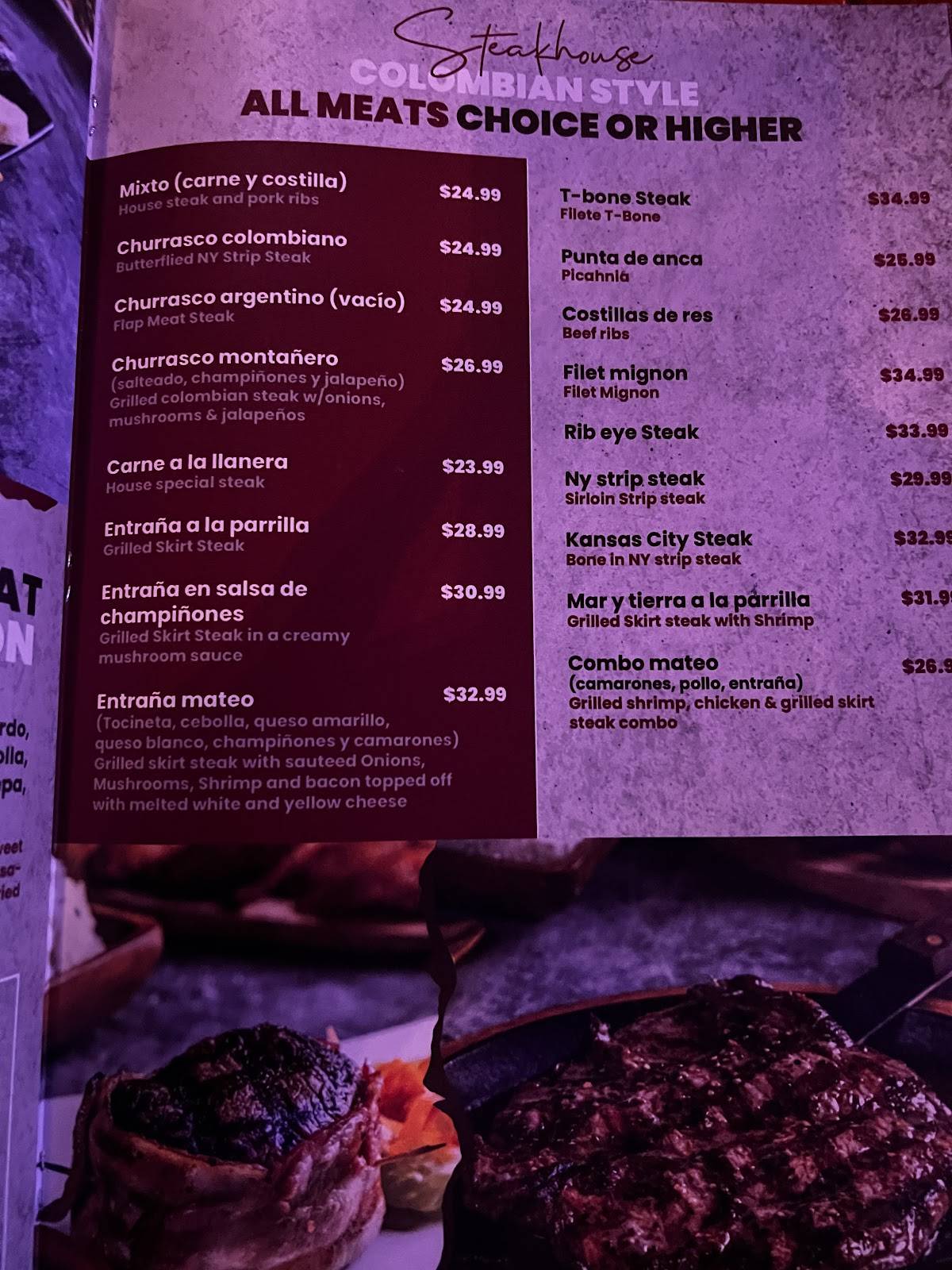 Menu at Rancho Mateo steakhouse, North Bergen