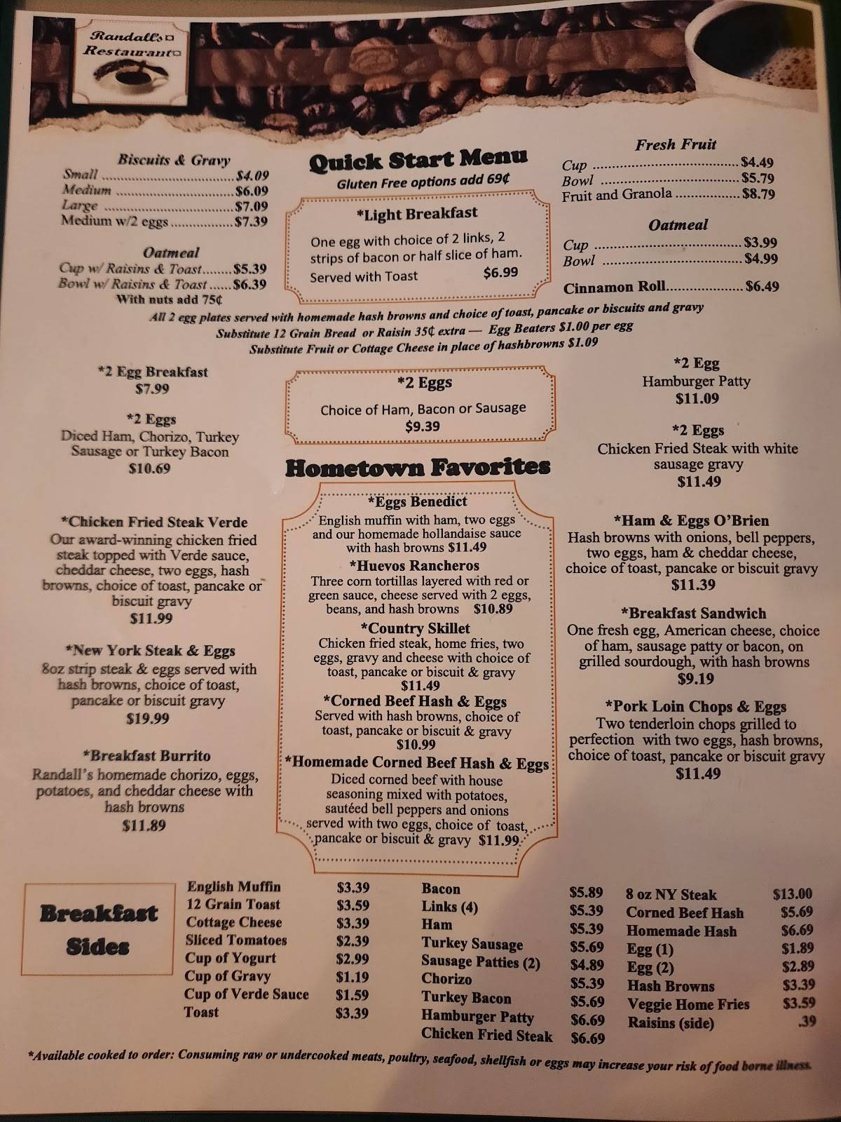 Menu at Randall's Restaurant, Cottonwood