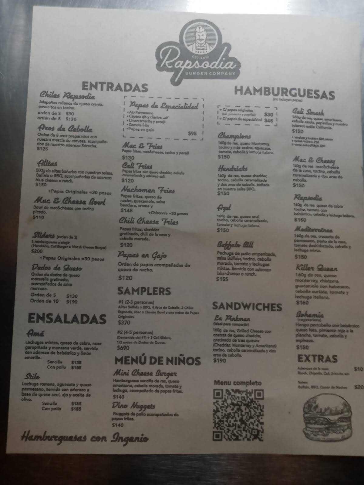Menu at Rapsodia Burger Company (Ícono) restaurant, Mexicali