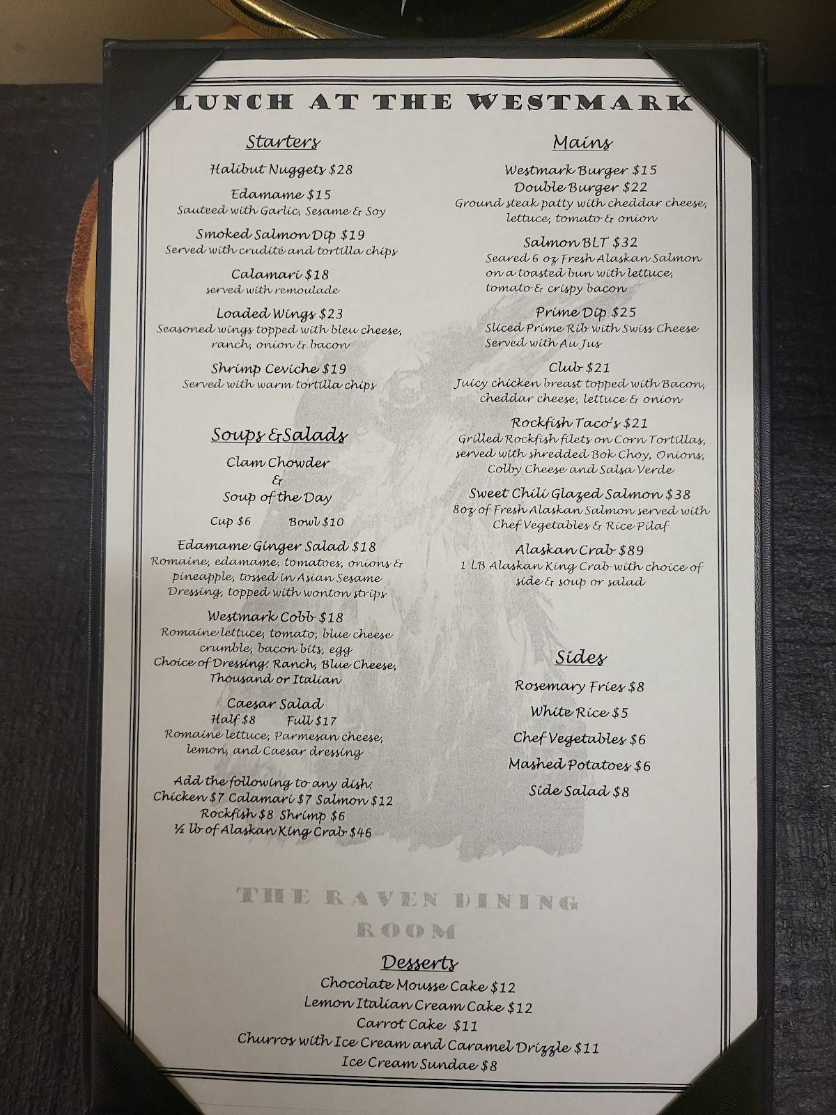 Menu at Raven Dining Room restaurant, Sitka