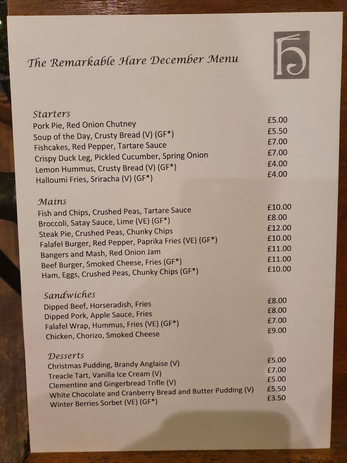 Menu at Remarkable Hare pub & bar, Matlock