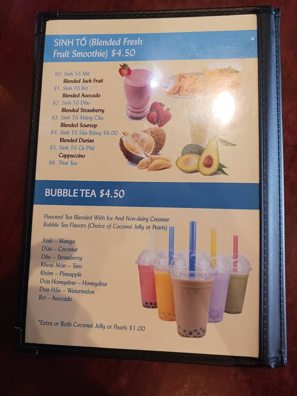 Menu at Pho Hien Trang restaurant, Renton