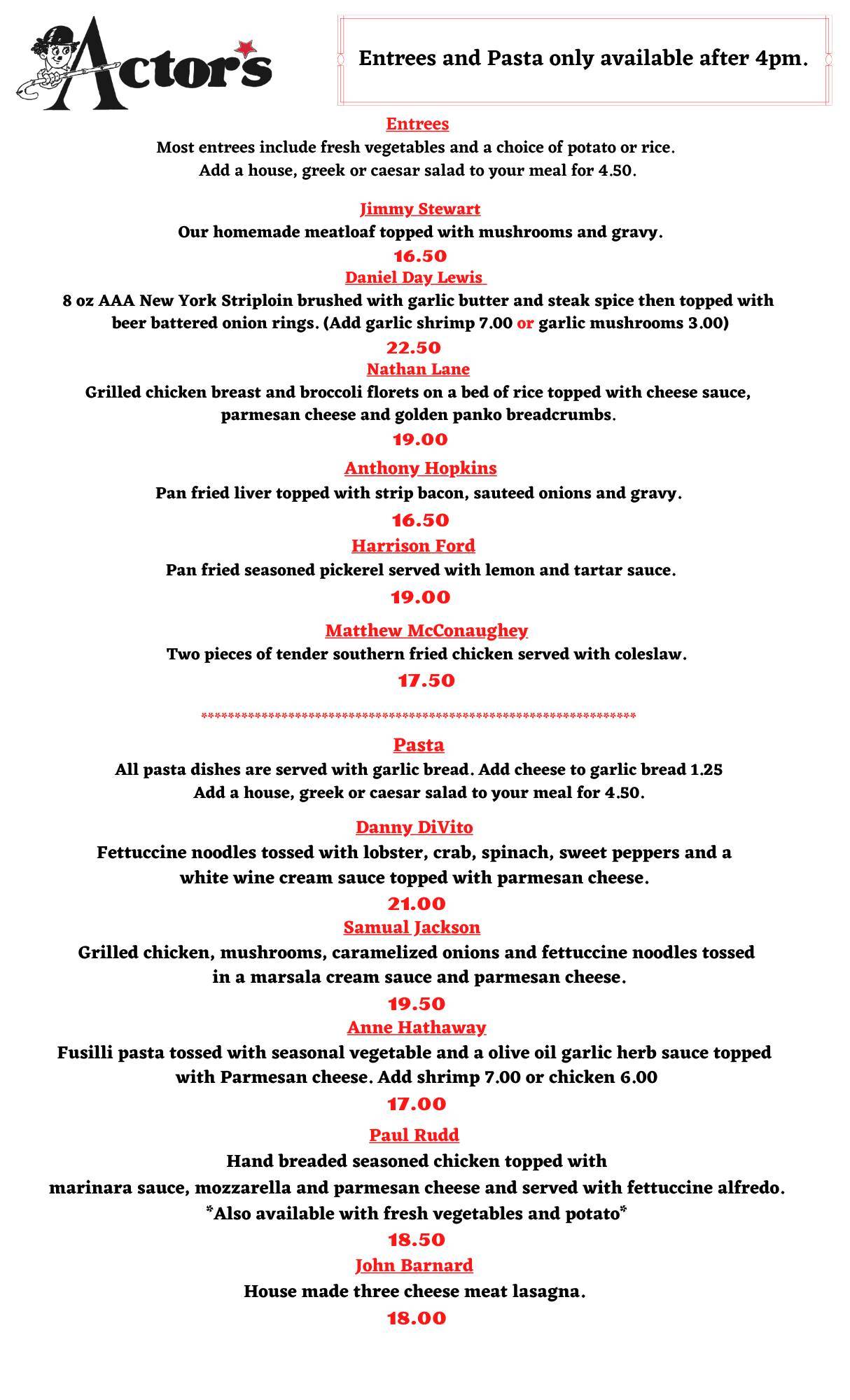 Menu at Actor's Casual Dining restaurant, Petrolia
