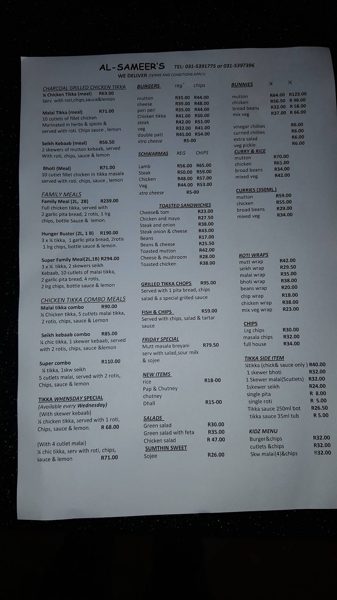 Menu at Al-Sameer's restaurant, Durban