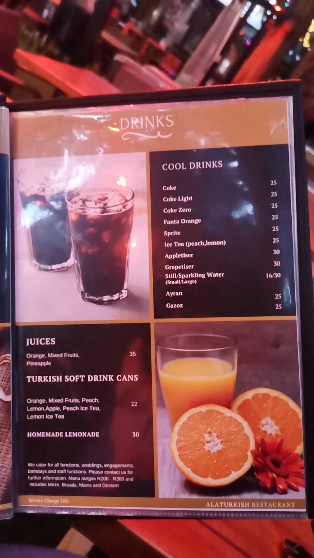 Menu at Ala Turkish restaurant, Cape Town