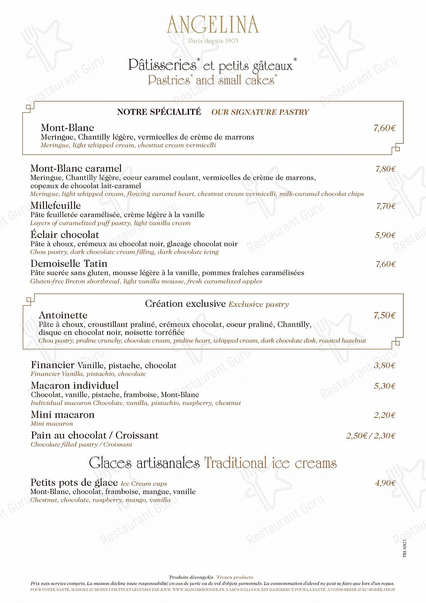 Menu at Angelina Paris restaurant, Versailles, Allée des 2