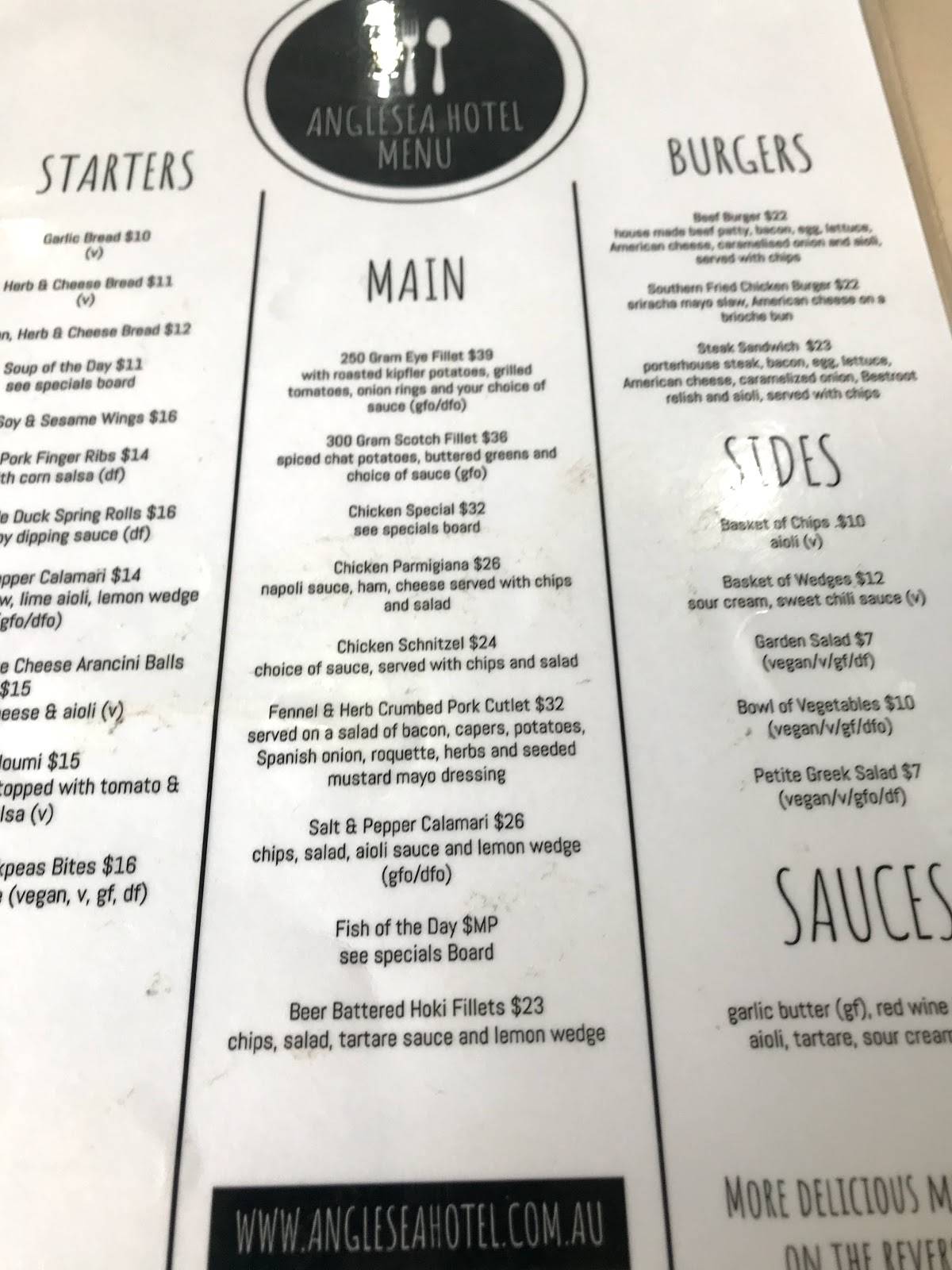 Menu at Anglesea Hotel restaurant, Anglesea