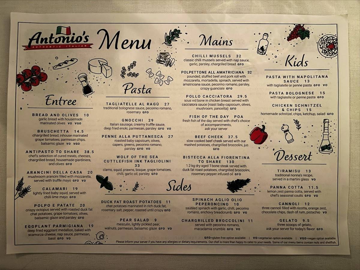 Menu at Antonio's Authentic Italian restaurant, Glen Forrest