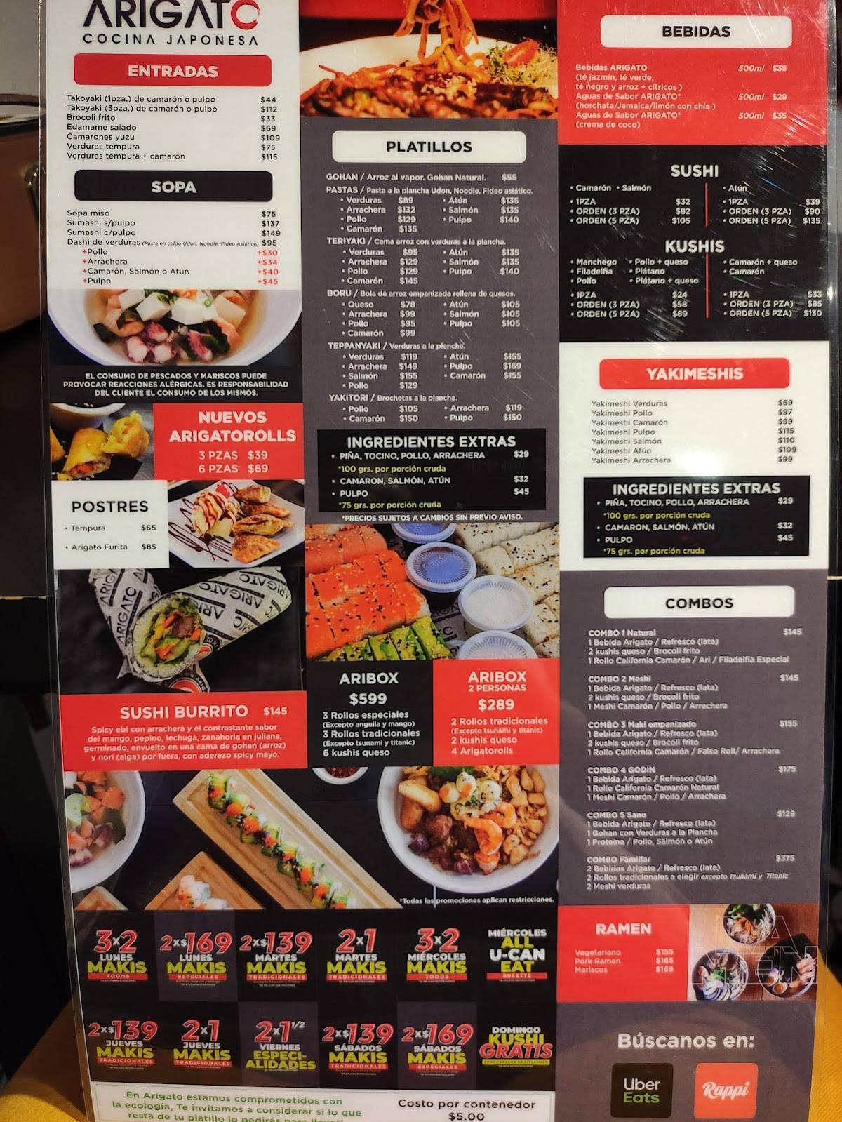 Carta del restaurante ARIGATO cocina japonesa, San Miguel del Allende