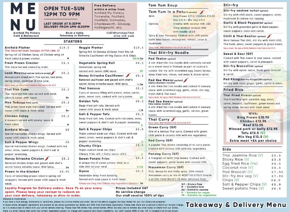 Menu at Arnfield Fly Fishery Cafe & Restaurant, Glossop