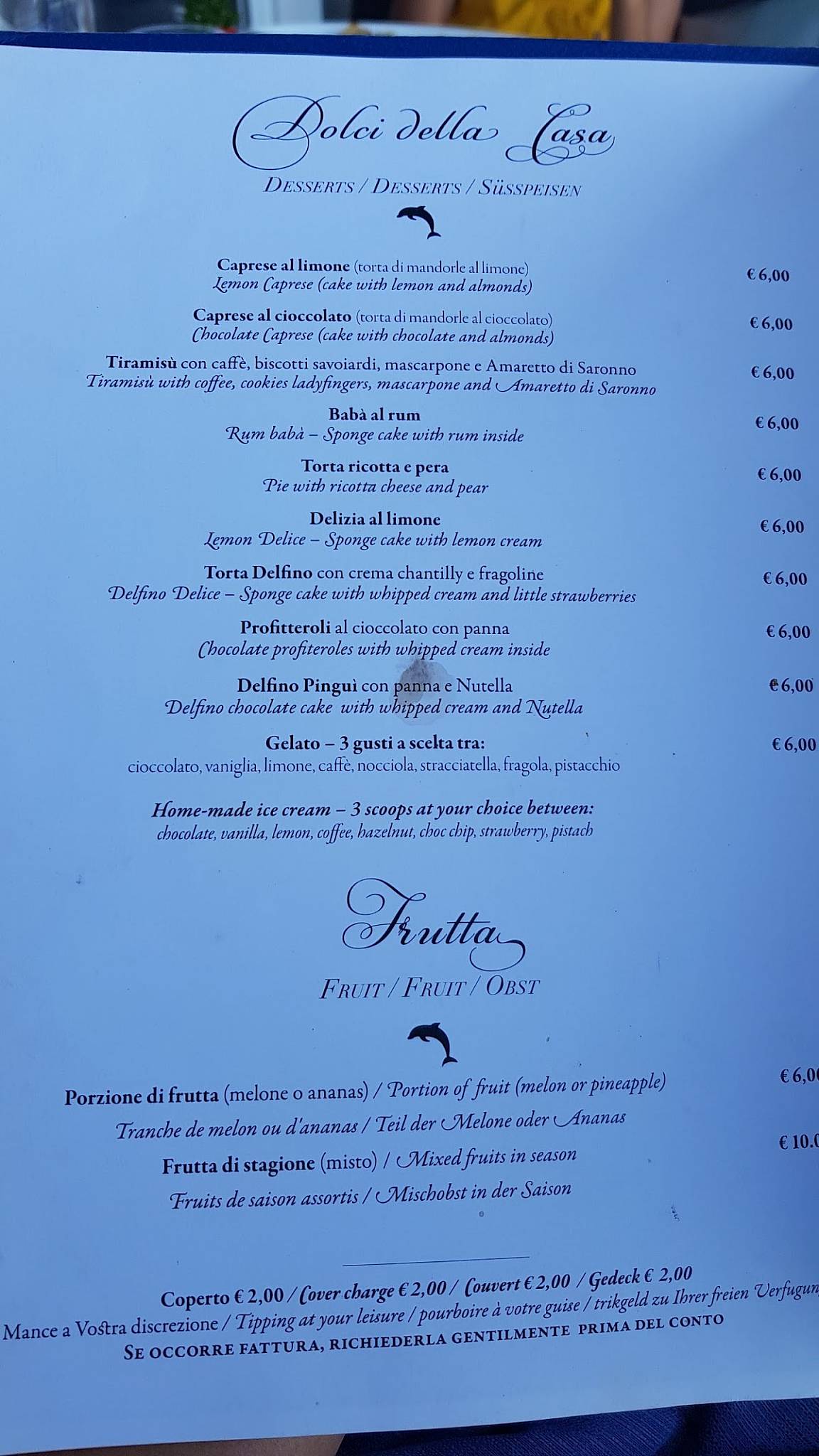 Menu at Bagni Delfino restaurant, Sorrento