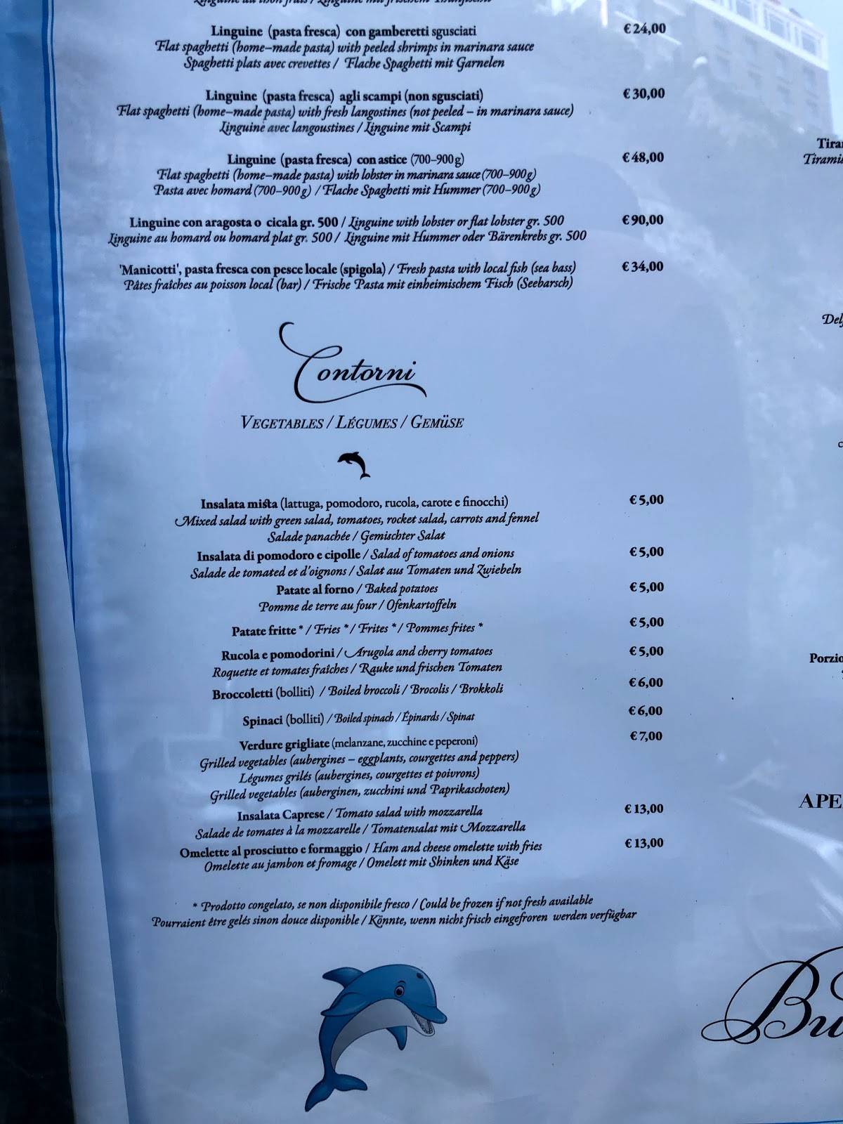 Menu at Bagni Delfino restaurant, Sorrento