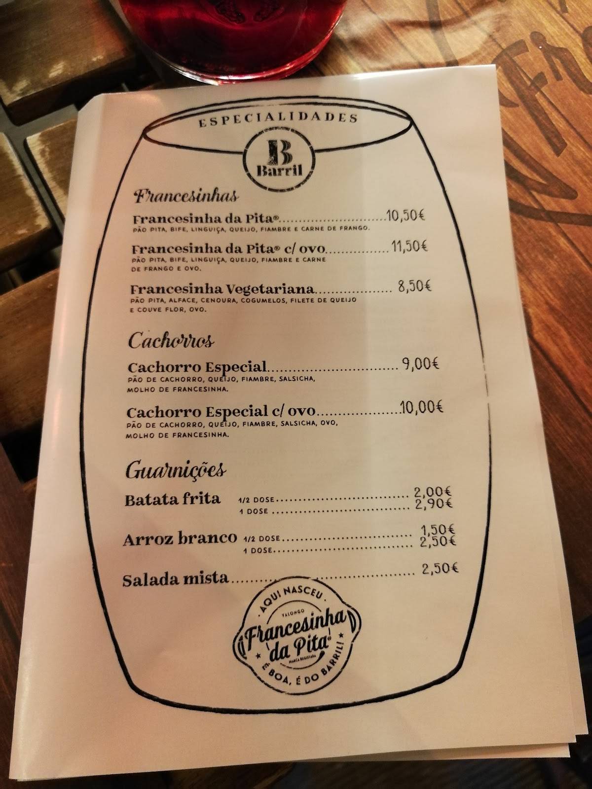 Menu em Barril Avenida (francesinha da Pita), Valongo, Av. 5 de Outubro 43