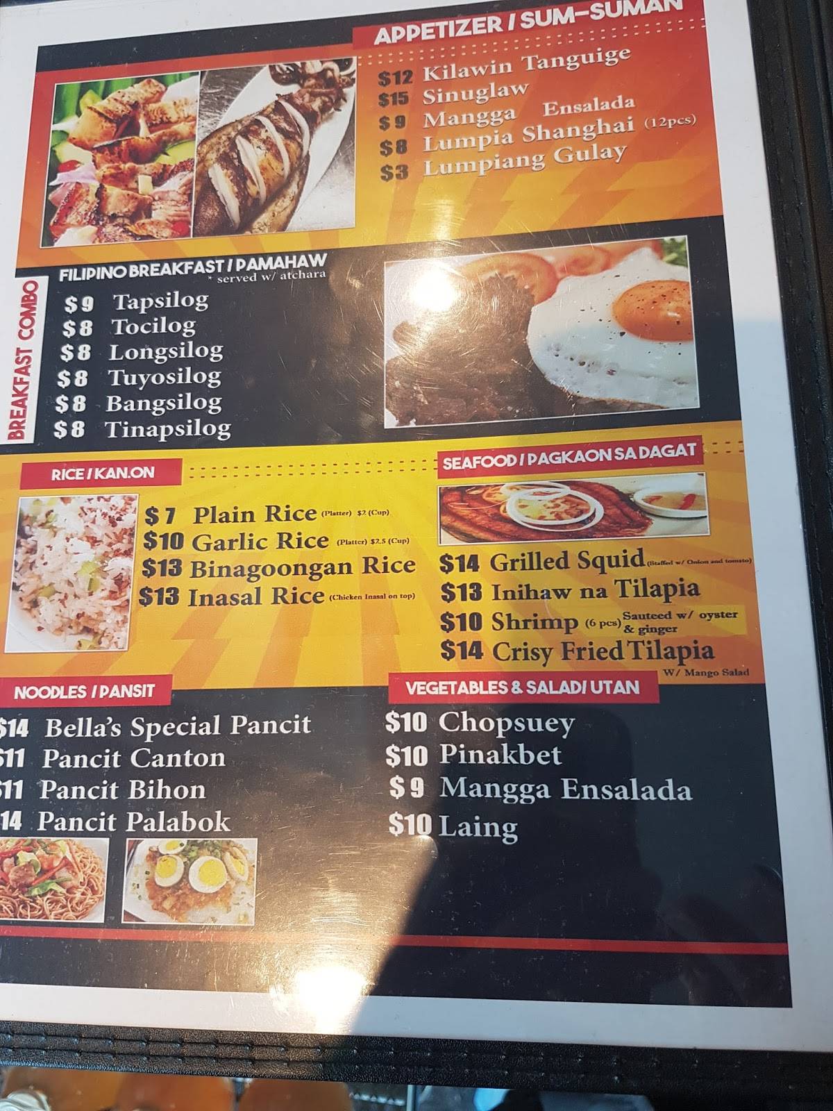 Menu at Bella's Inasal restaurant, Mississauga