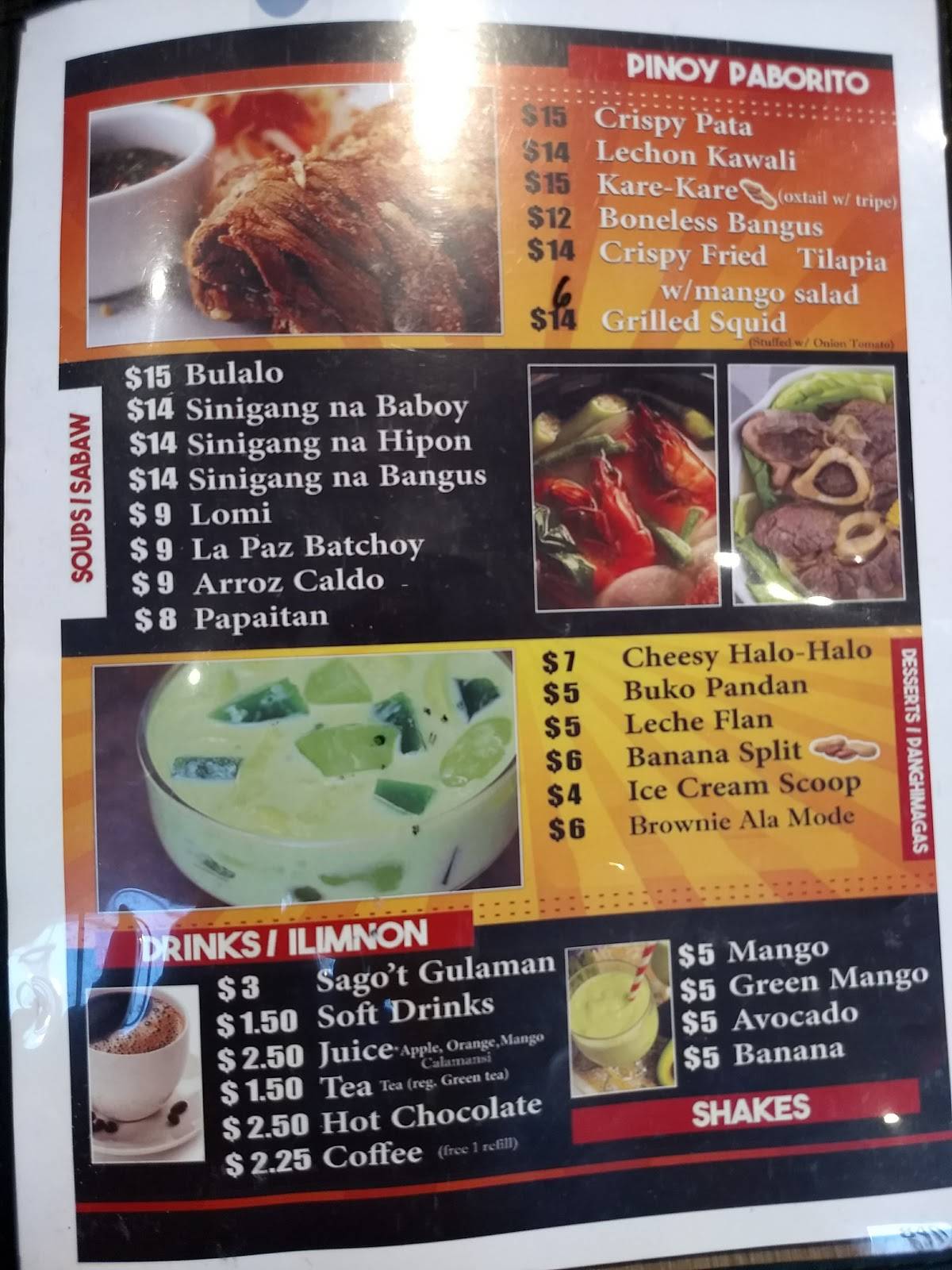 Menu at Bella's Inasal restaurant, Mississauga