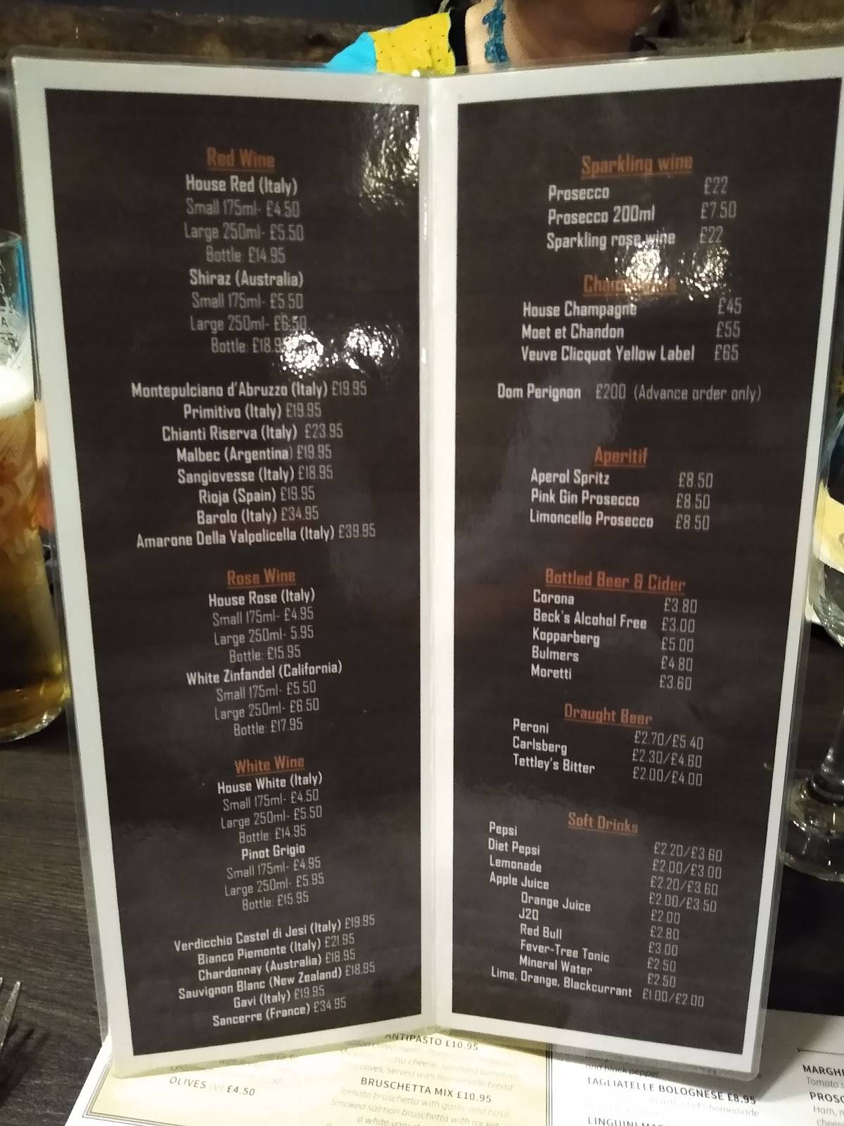 Menu at Bellini's restaurant, Brighouse