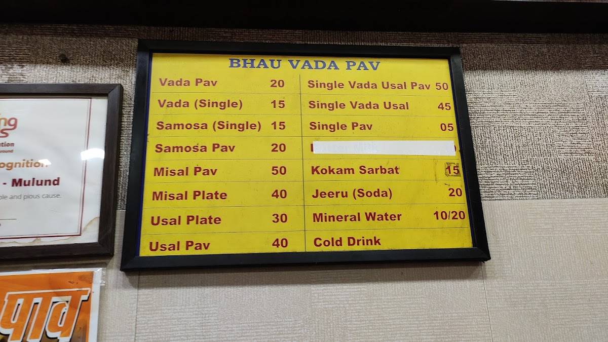 Menu at Bhau Vada Pav, Mumbai, Shop Number 1