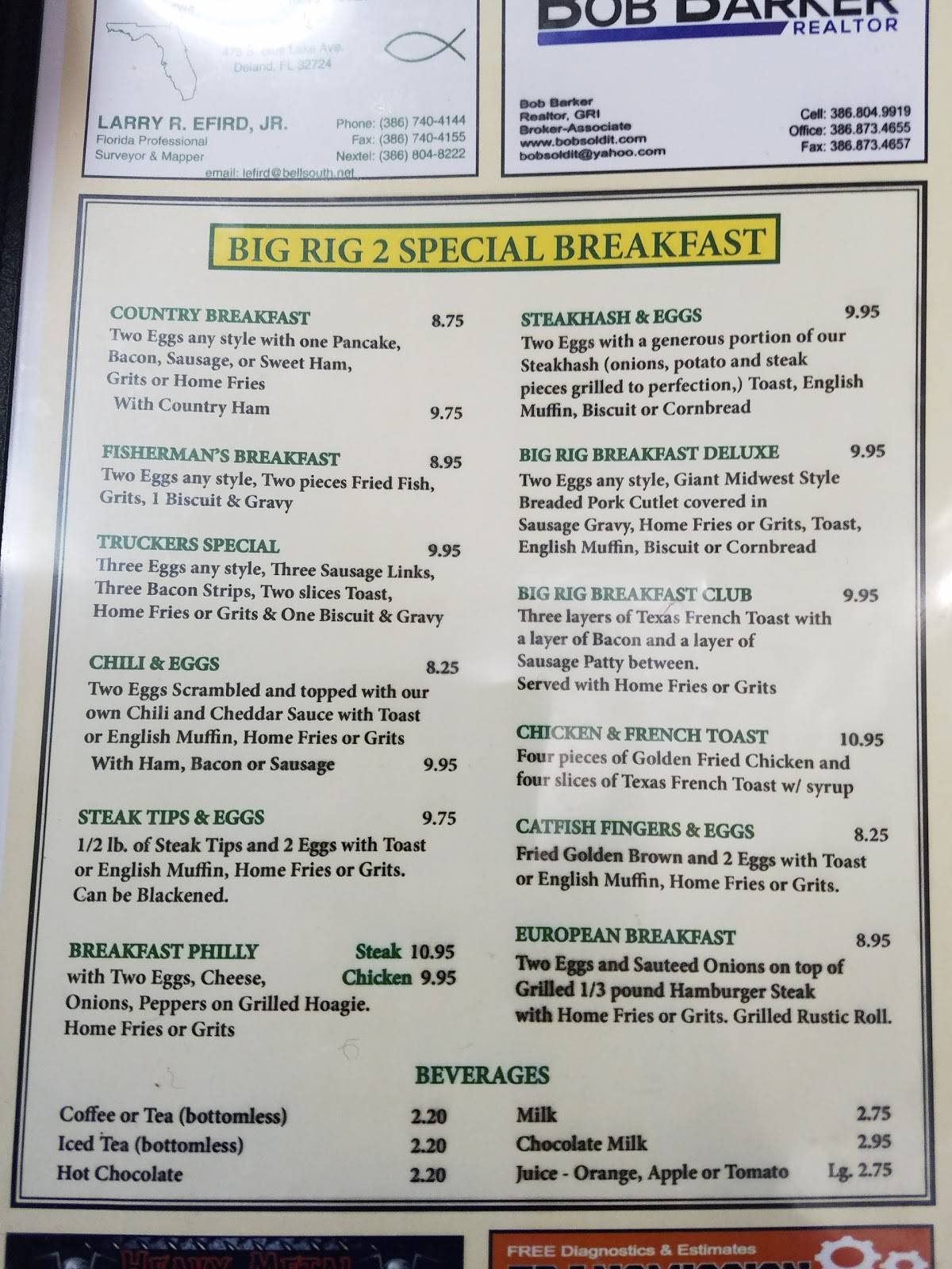 Menu at Big Rig 2 restaurant, DeLand
