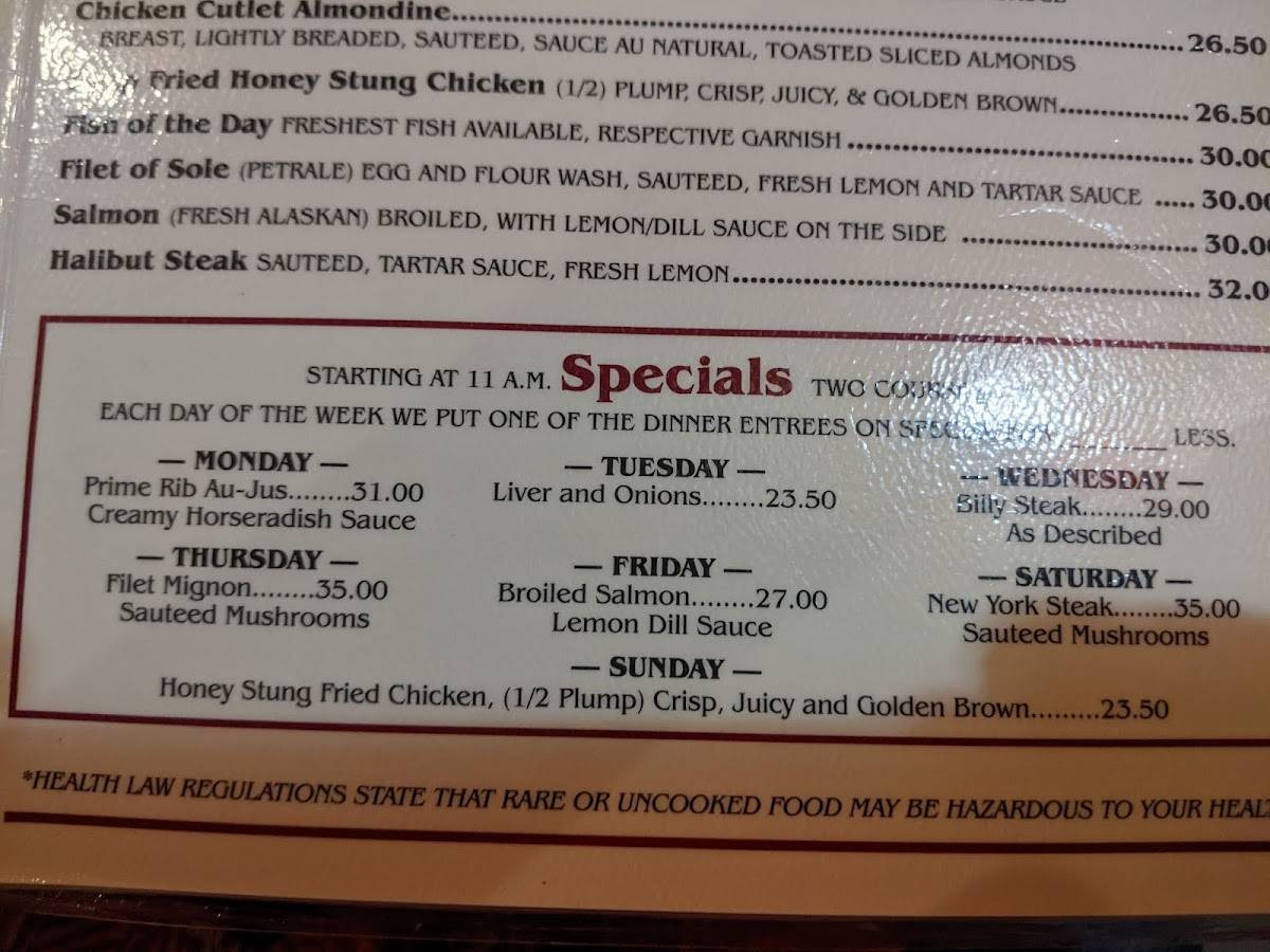 Menu at Billy Reed's Palm Springs restaurant, Palm Springs