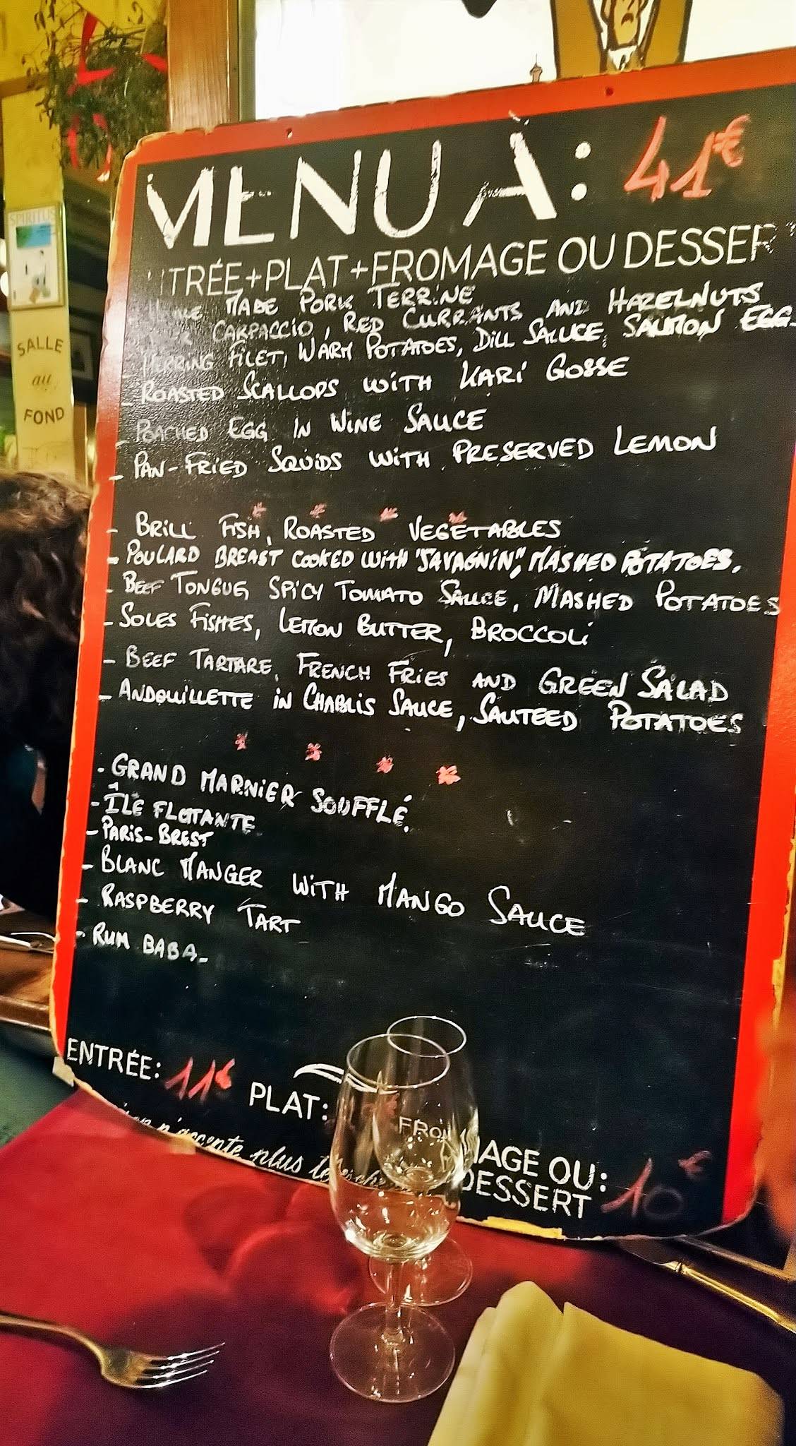 Menu at Bistrot Paul Bert restaurant, Paris