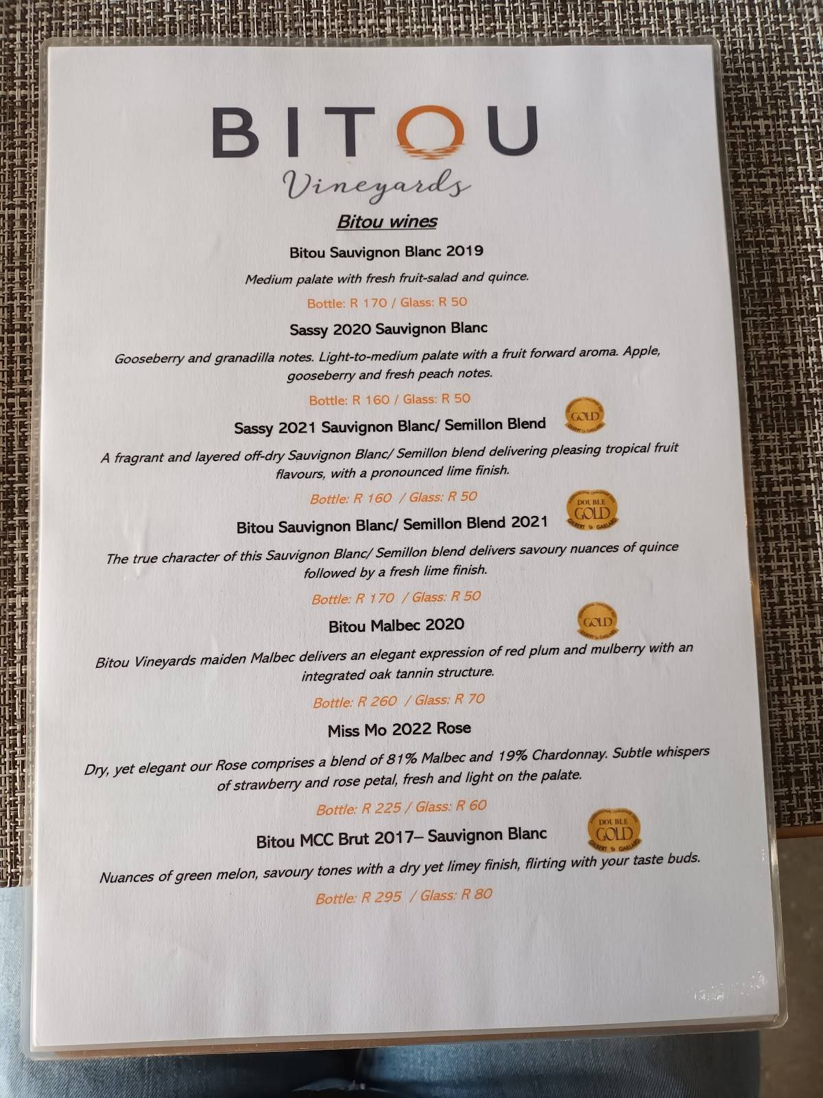 Menu at Bitou Vineyards restaurant, Plettenberg Bay
