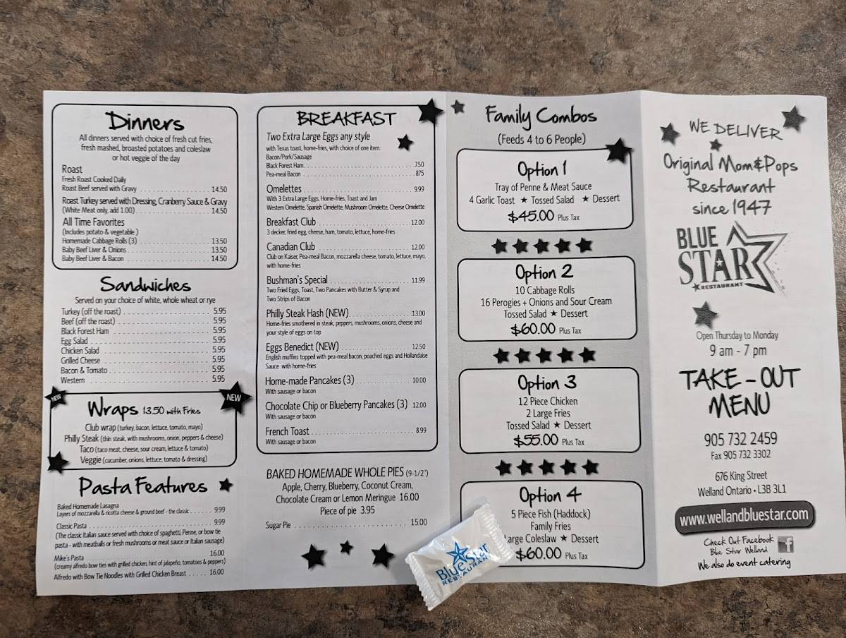 Menu at Blue Star Restaurant, Welland