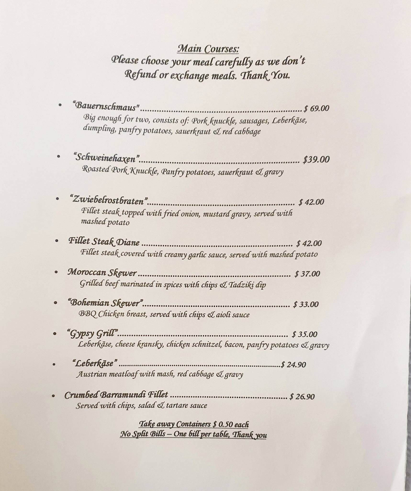 Menu at Bohemian Euro Restaurant, Narellan