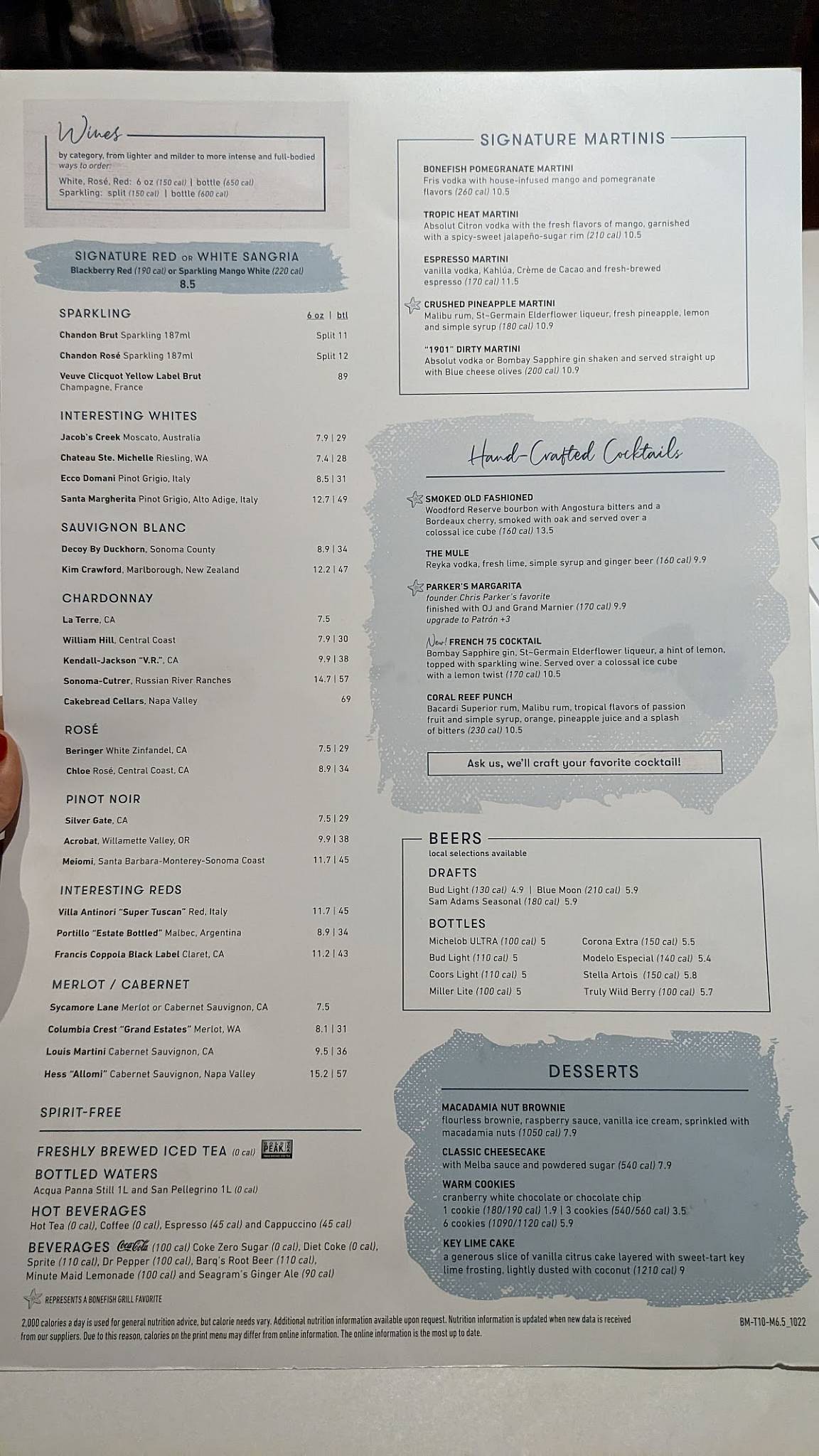 Menu at Bonefish Grill restaurant, Schaumburg