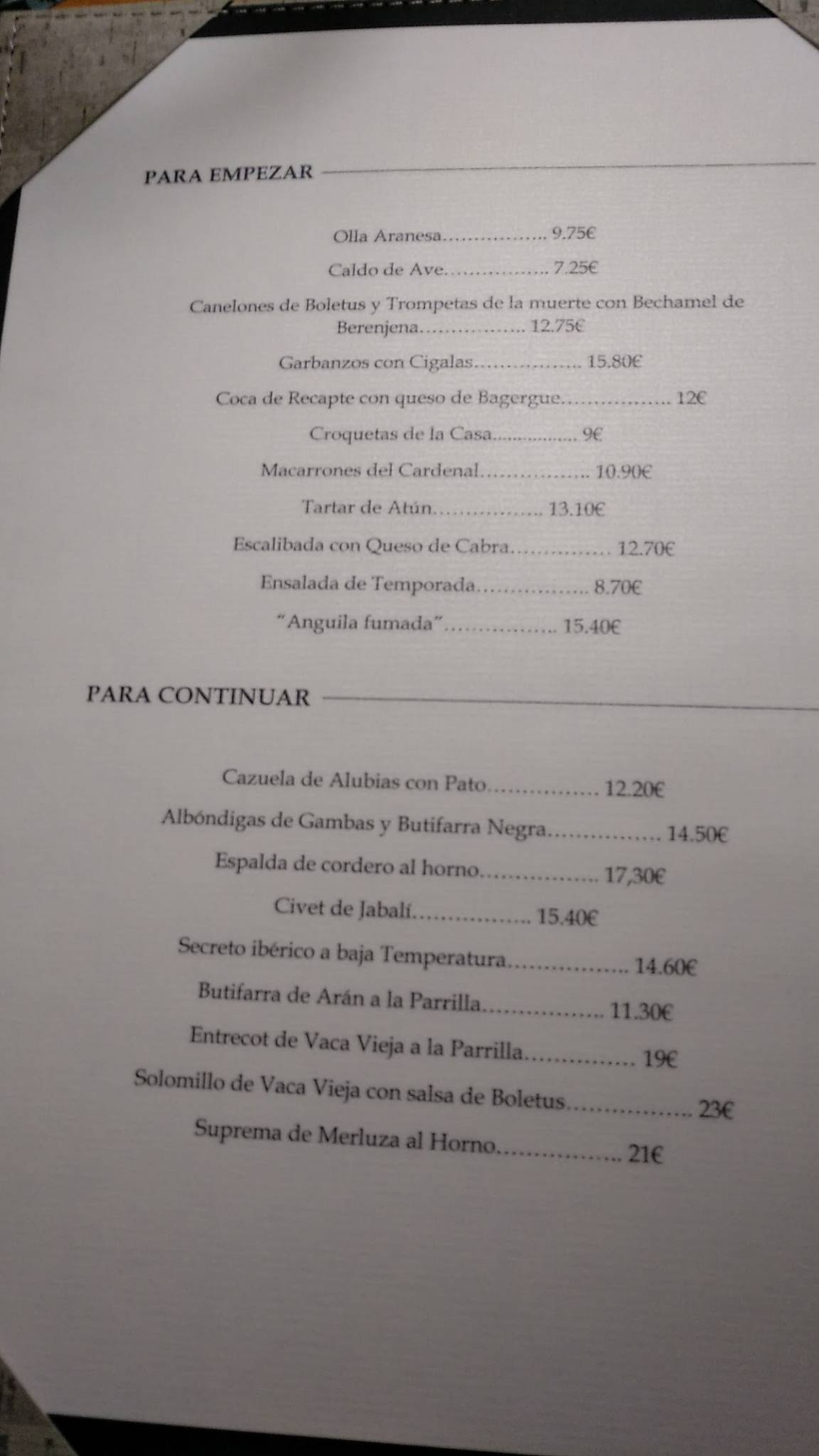 Carta del restaurante Era Borda Benjamin, Salardú