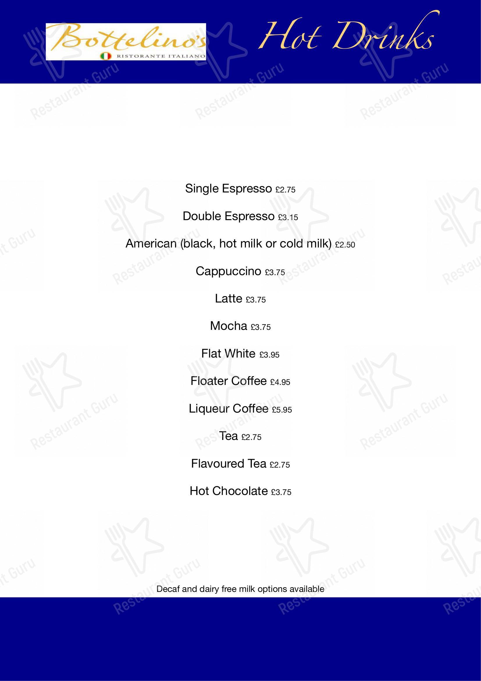 Menu at Bottelino's restaurant, Portishead, Harbour Rd