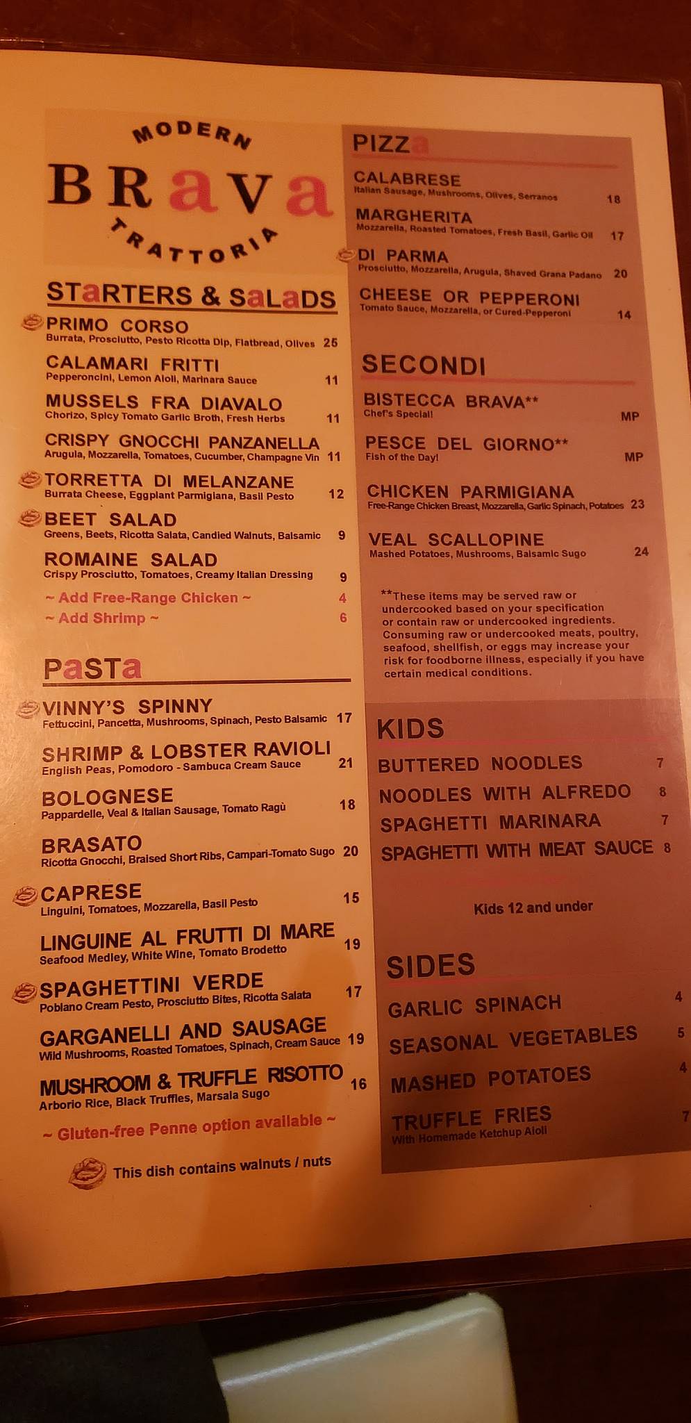 Menu at Brava Modern Trattoria restaurant, Glenwood Springs