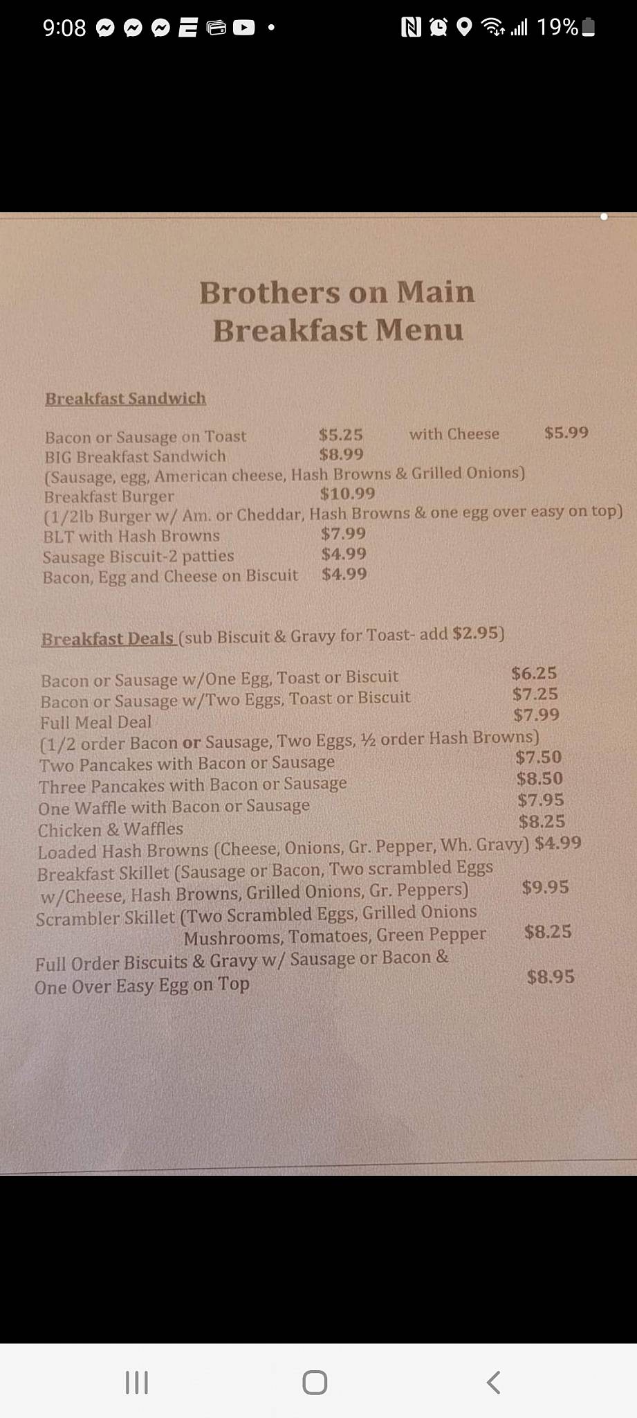 Menu at Brothers on Main restaurant, Saint Clair