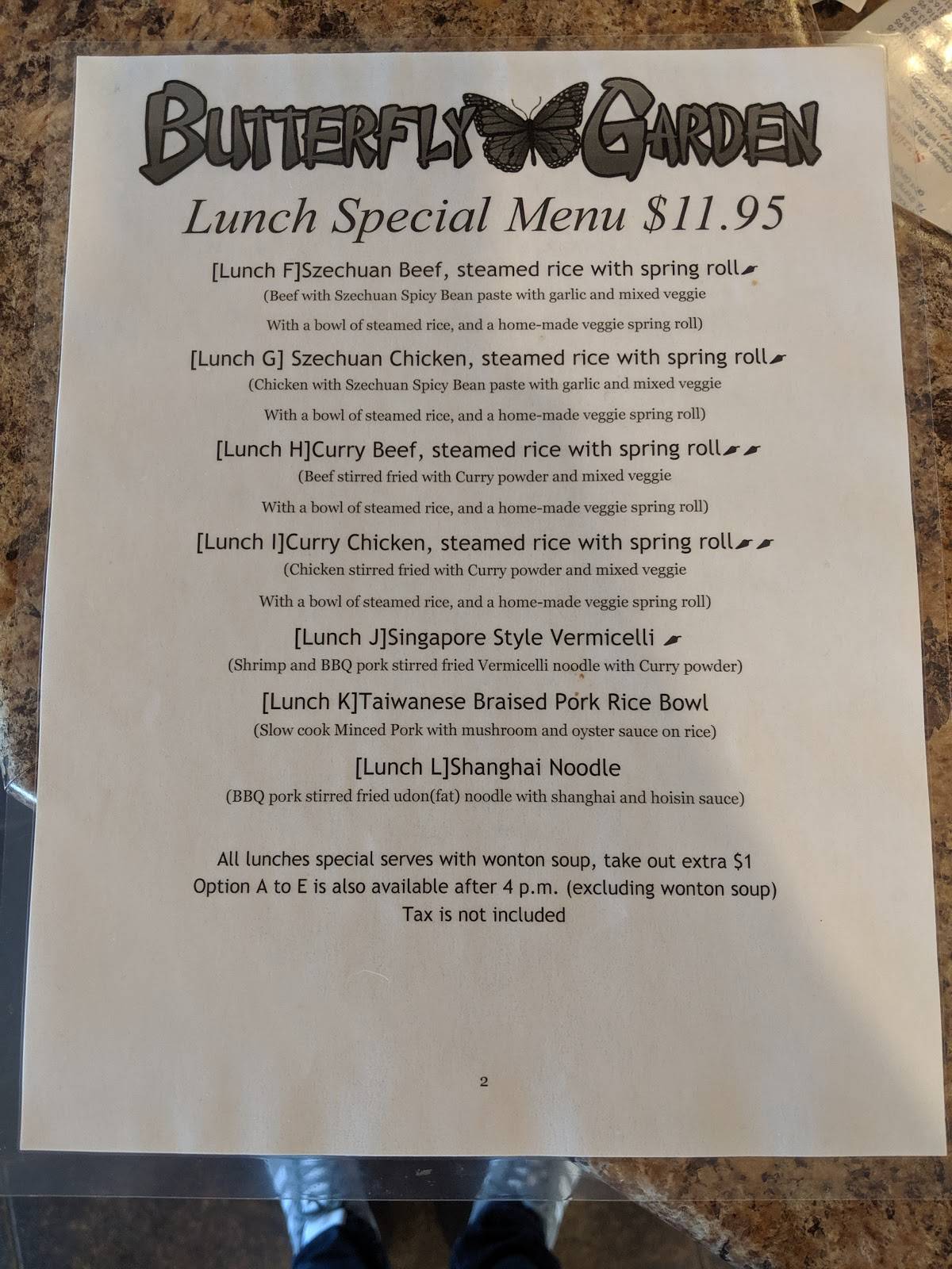 Menu at Butterfly Garden restaurant, Cranbrook