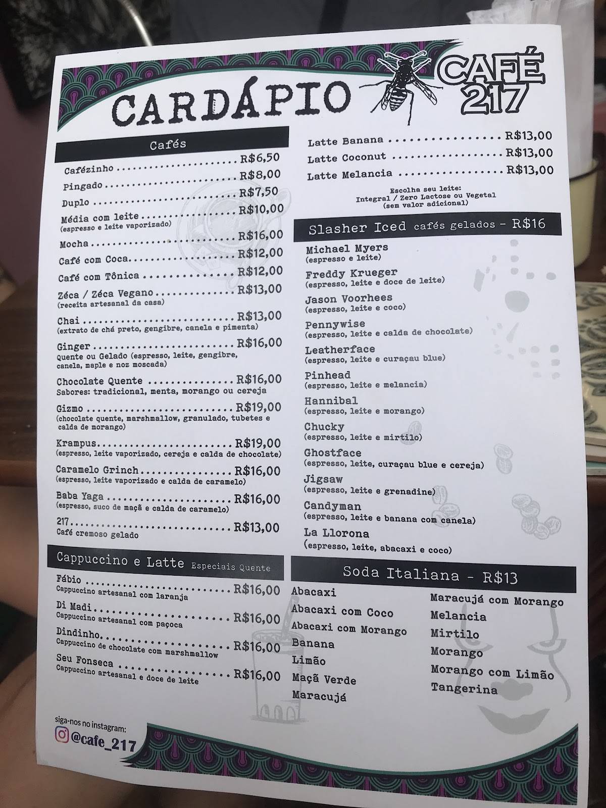 Menu at Café 217, Curitiba